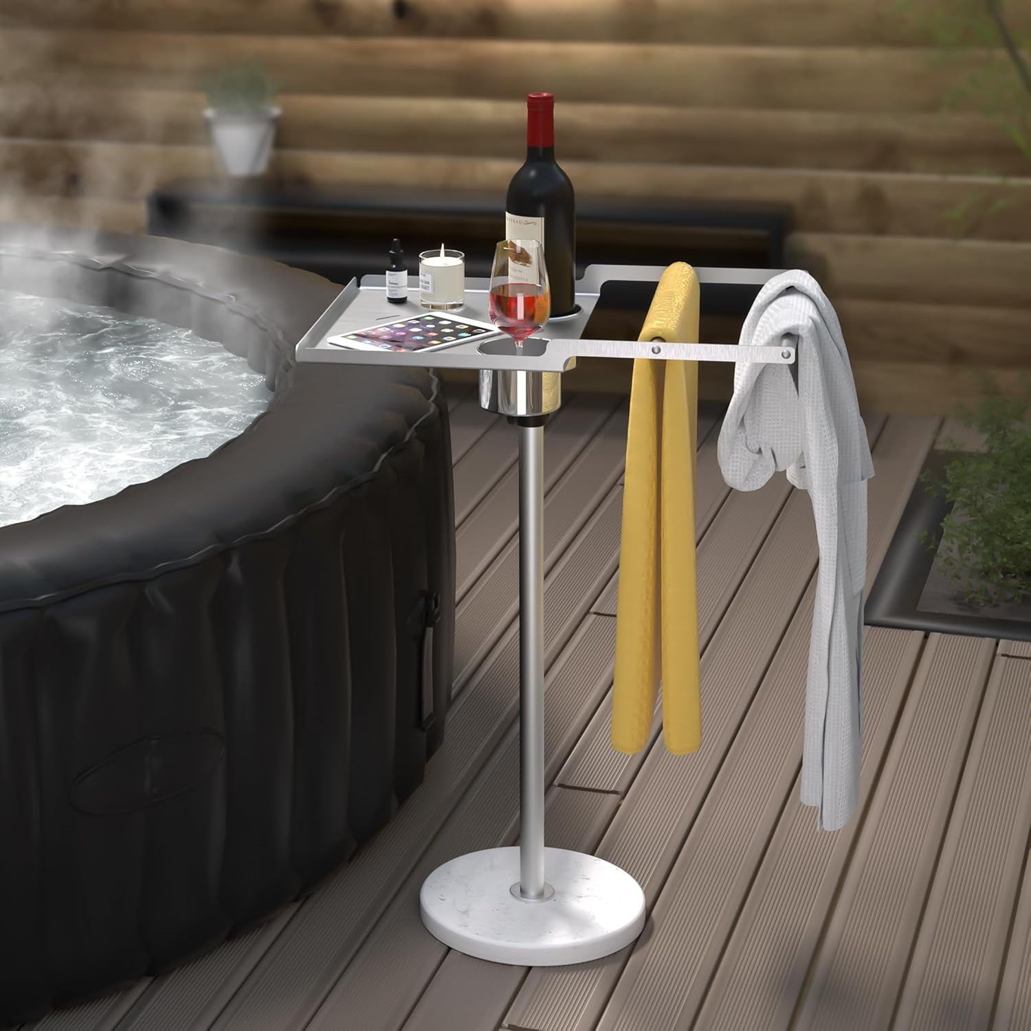 Pool Towel Rack Outdoor 360° Swivel Table Tray with 2 Drink Holders ...