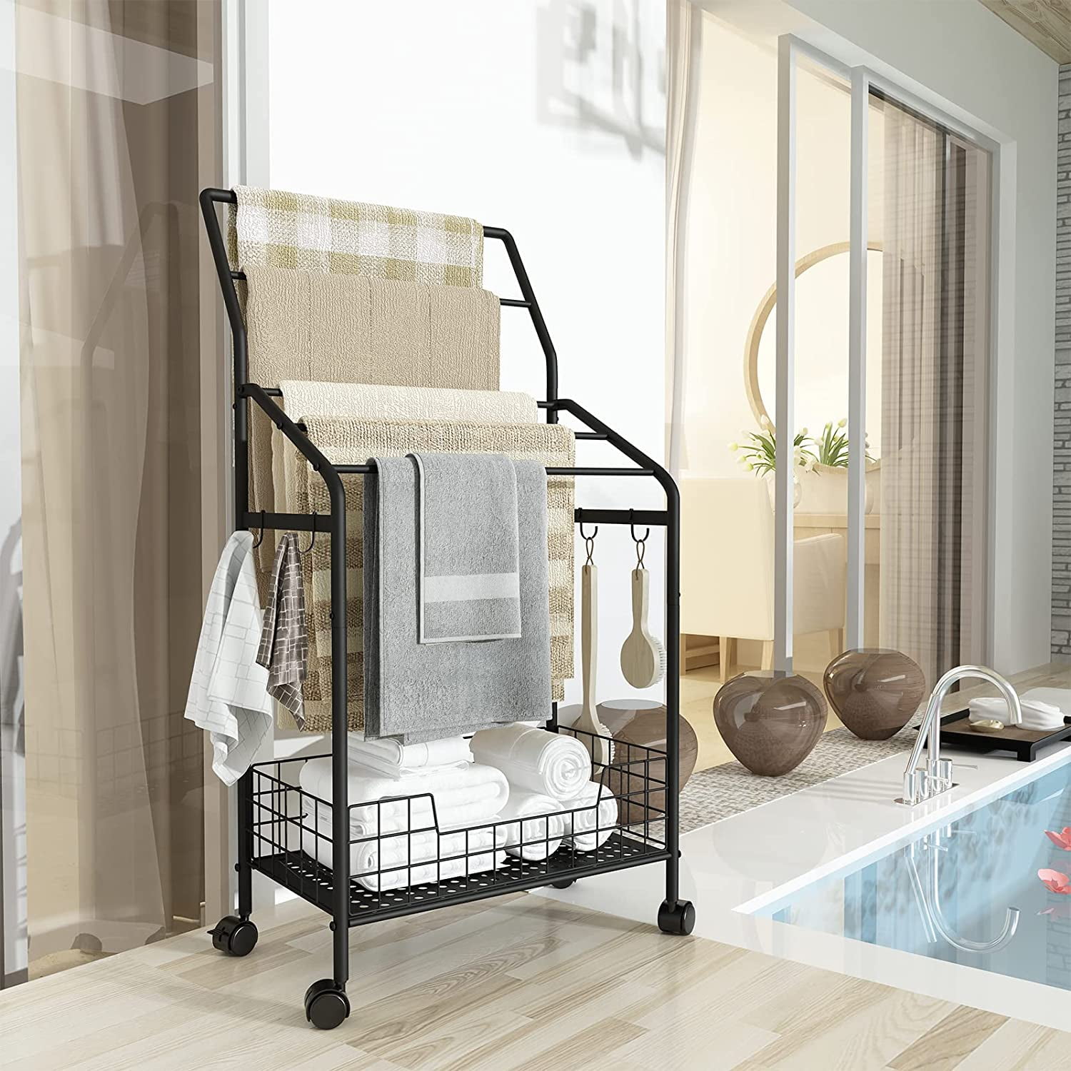 Pool Towel Rack Outdoor,Mobile Standing Towel Rack for Bathroom with 4 ...