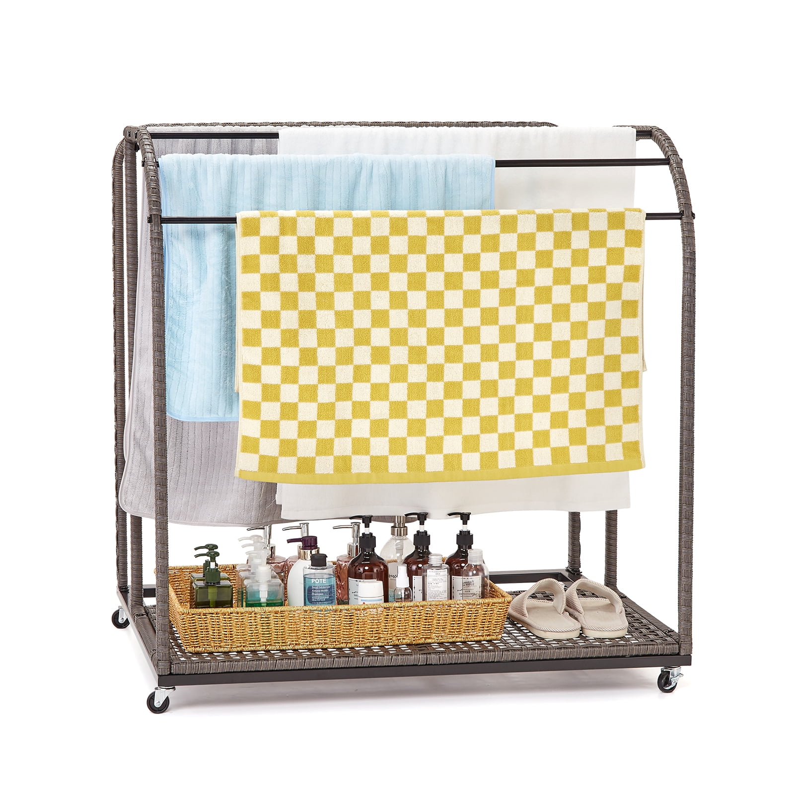 Pool Towel Rack Outdoor with Rattan Base,5 Bar Free Standing Poolside ...