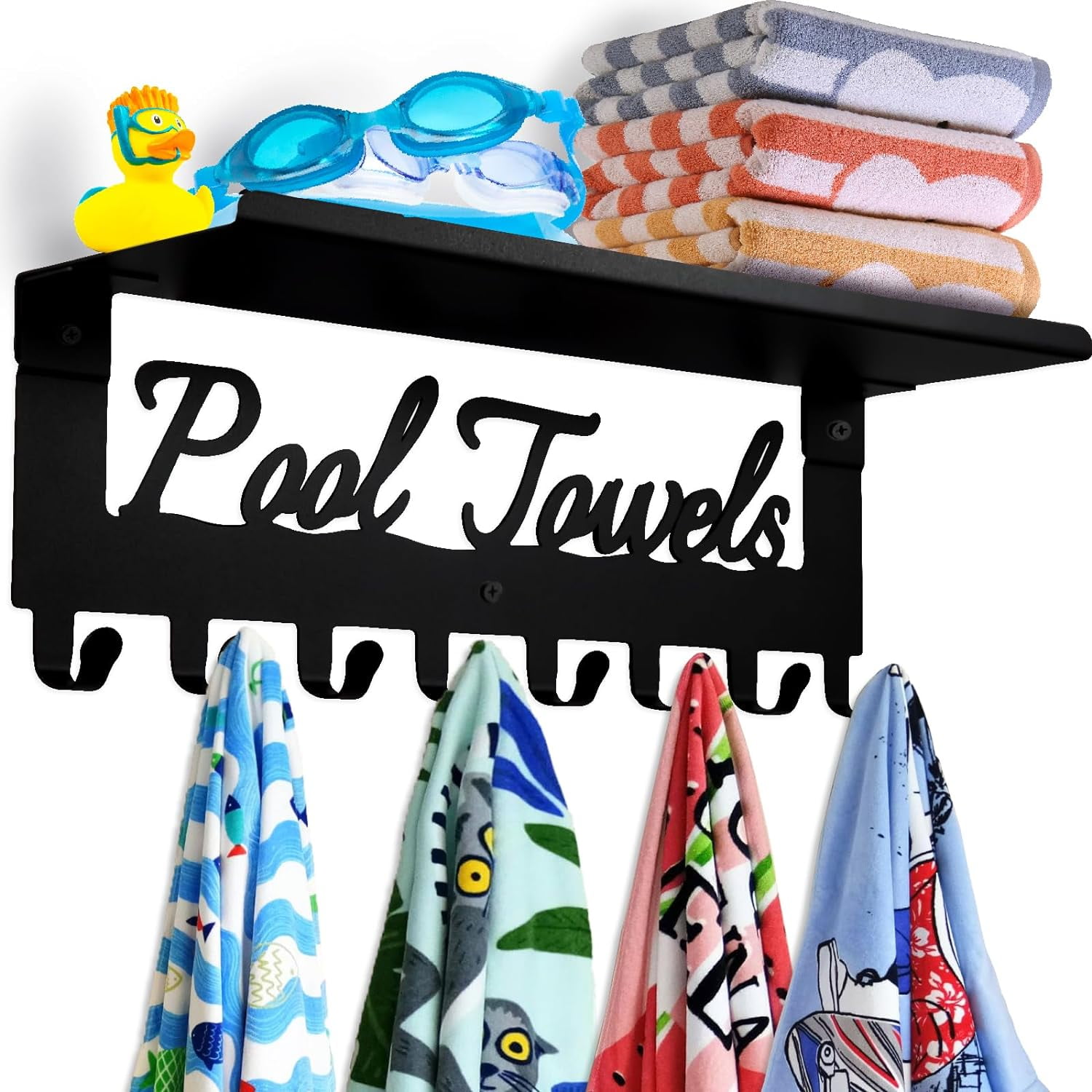 Pool Towel Racks with Shelf 8 Hooks for Pool Bathroom Wall Mount Towel ...