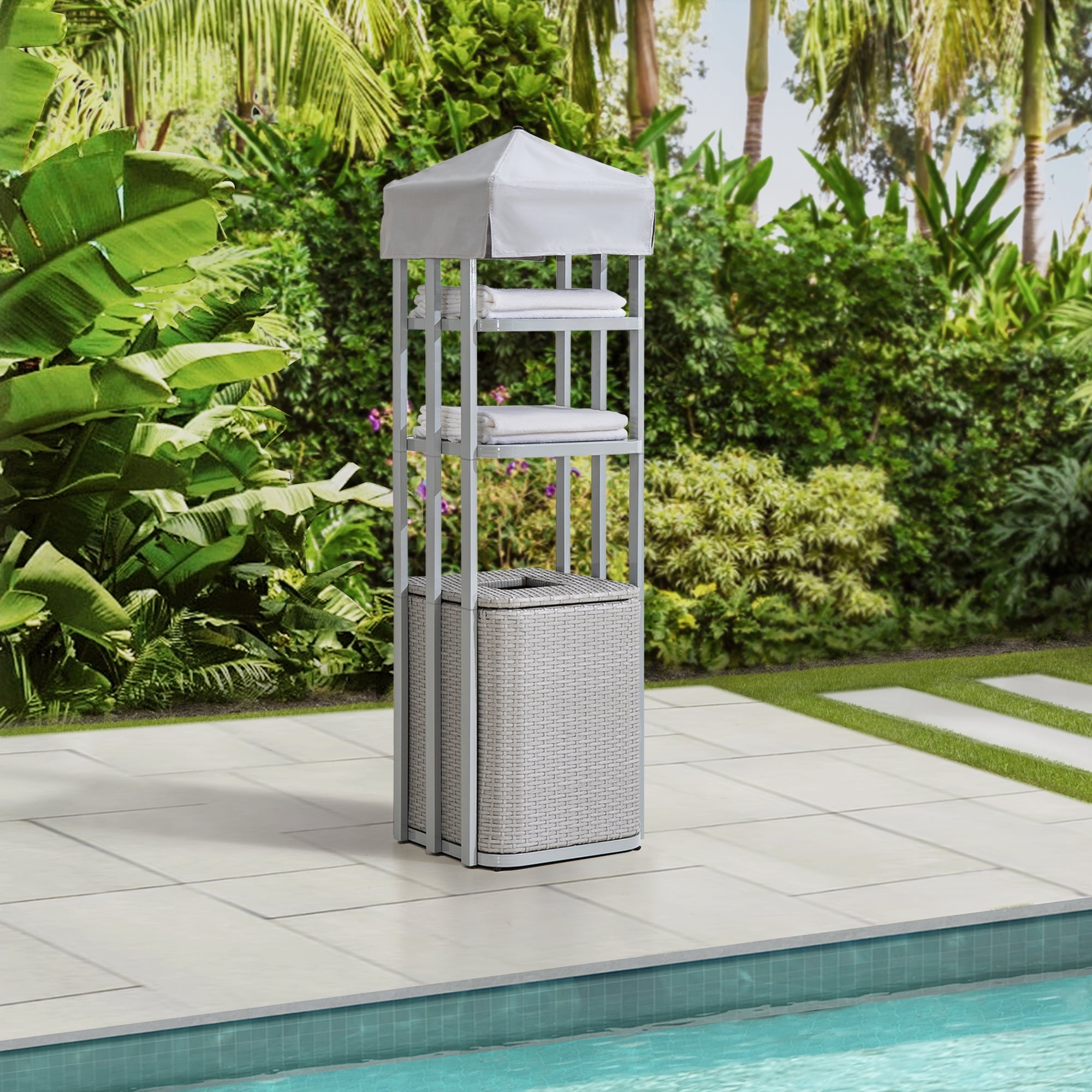 Pool Towel Valet Tower with 2-Tier Shelves and A Large All-Weather ...