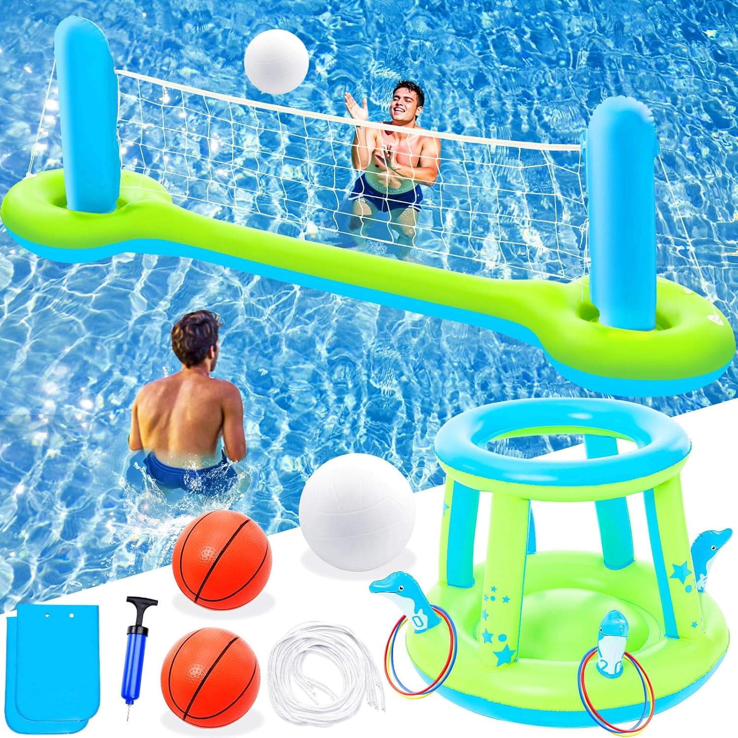 Pool Toys Games Set - 3 in 1 Pool Volleyball Net Basketball Hoop Ring ...