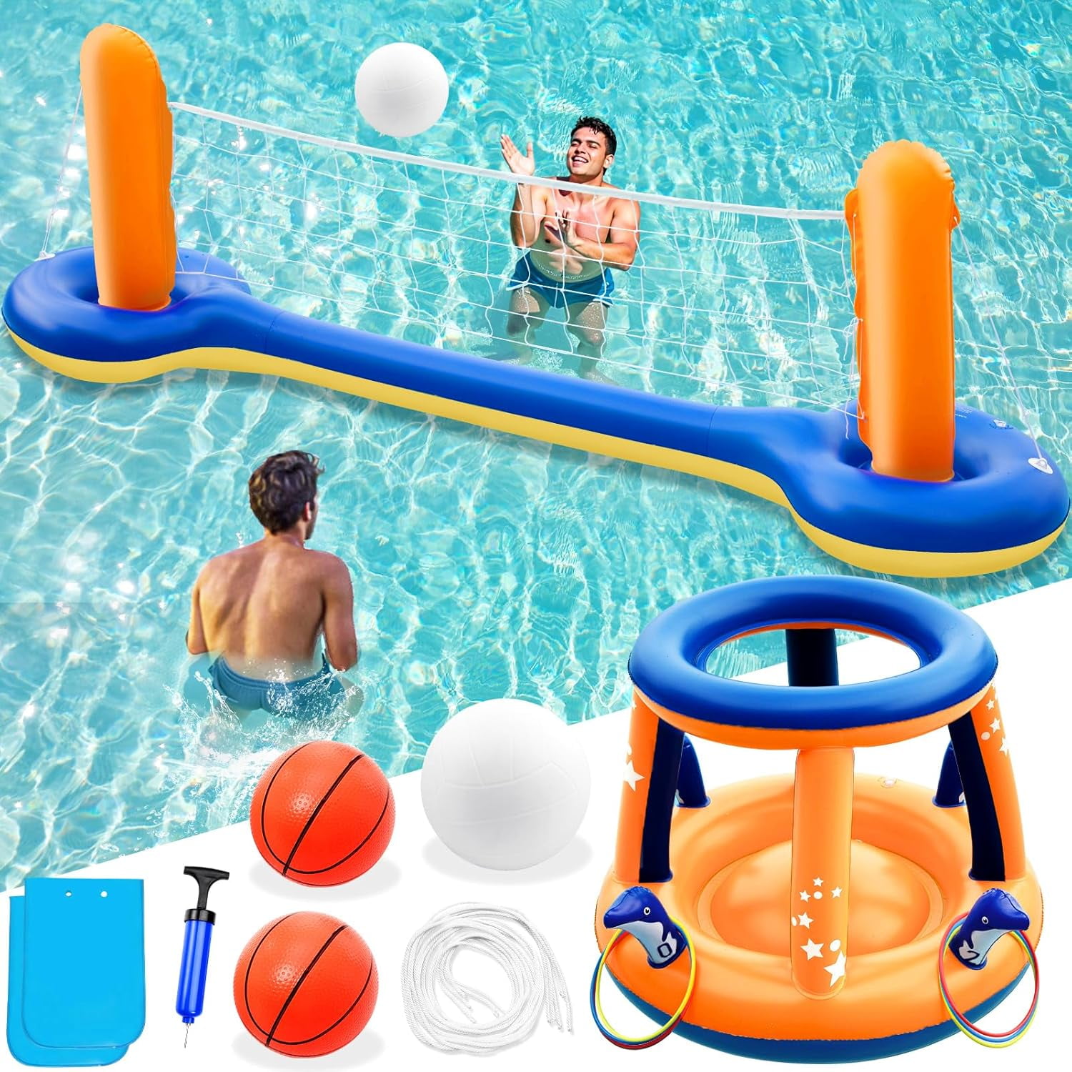 Pool Toys Games Set - 3 in 1 Pool Volleyball Net Basketball Hoop Ring ...