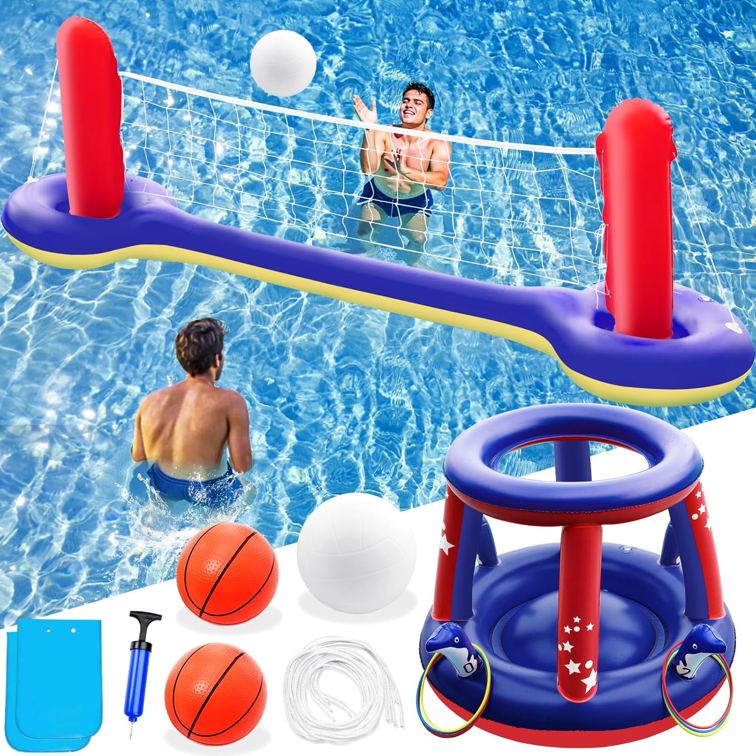Pool Toys Games Set - 3 in 1 Pool Volleyball Net Basketball Hoop Ring ...