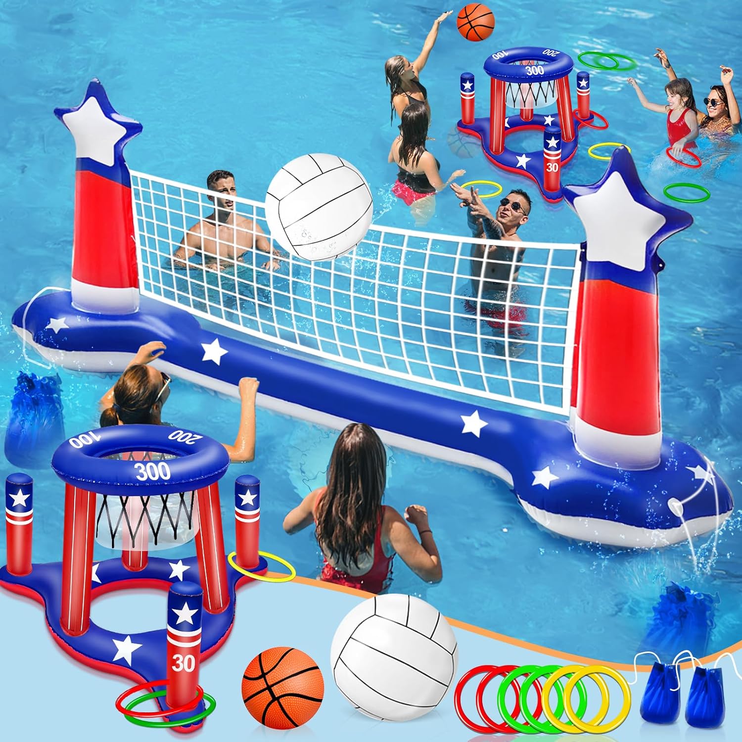 Pool Volleyball Net & Basketball Hoop & Ring Toss, 3-in-1 Large ...