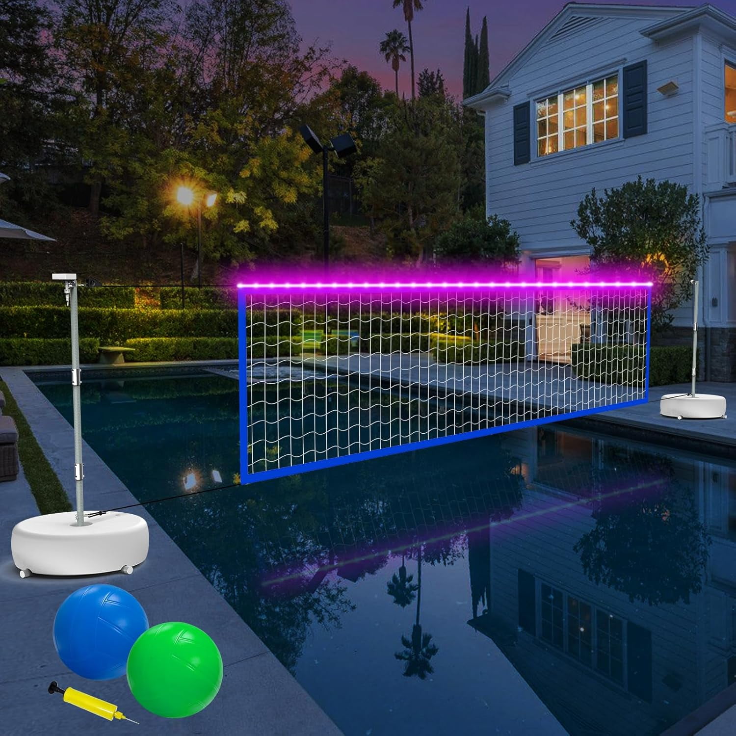 Pool Volleyball Net Set with Solar Colorful Lights, Portable Outdoor ...