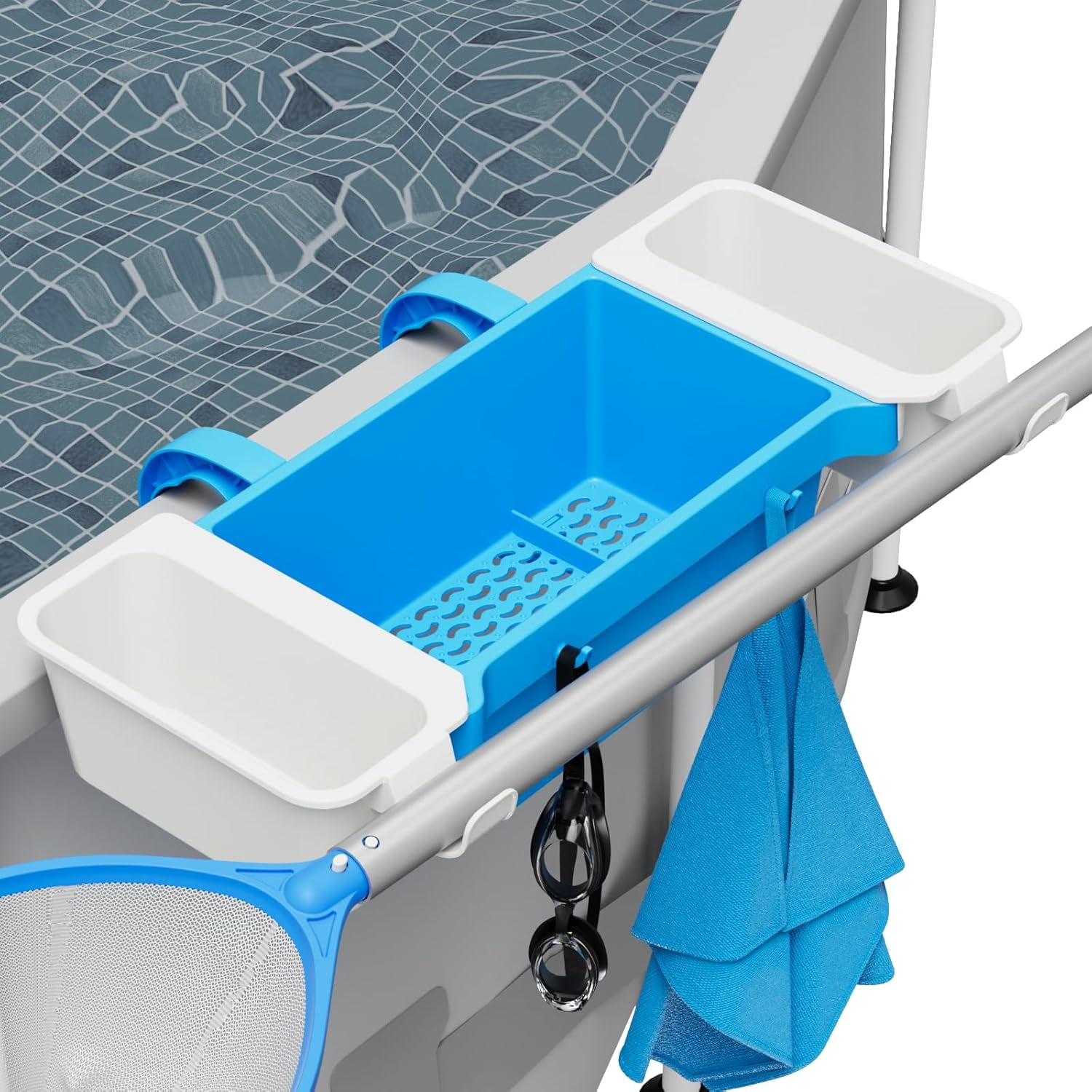Pool storage basket with cup holder and pole hanger, extendable pool ...