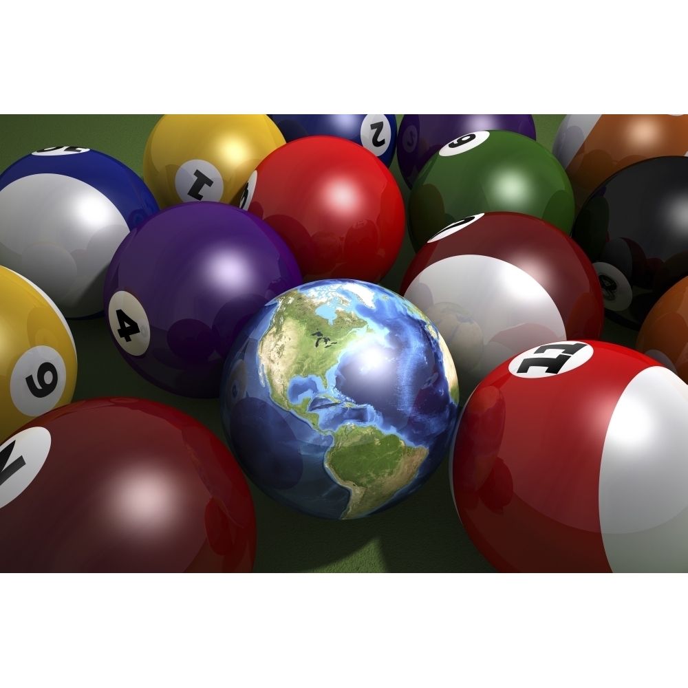 Pool table with balls and one of them as planet Earth Poster Print ...