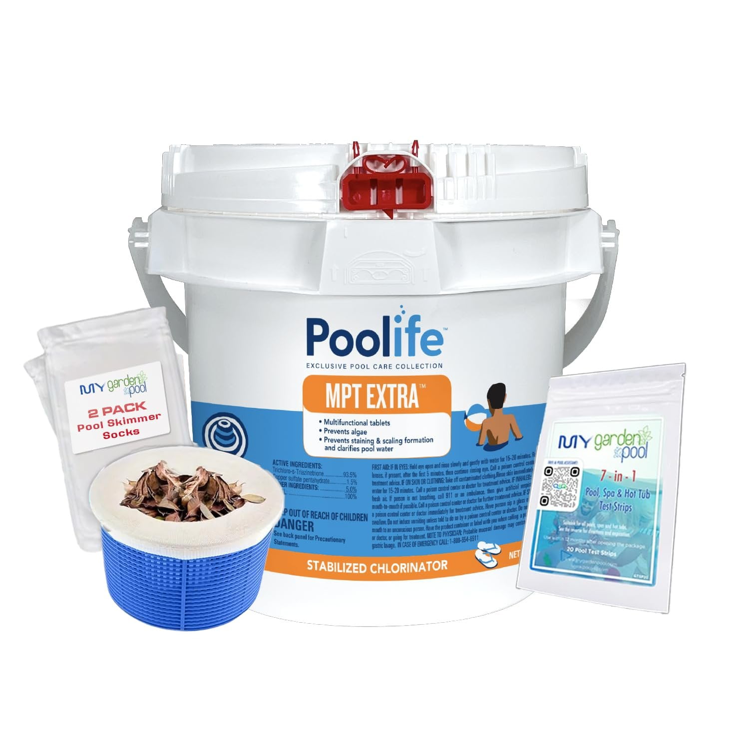 Poolife MPT Extra 11 lb, 42121 with My Garden Pool Scum Sponge, Scum Socks 2 ct. and 7-in-1 Pool ...