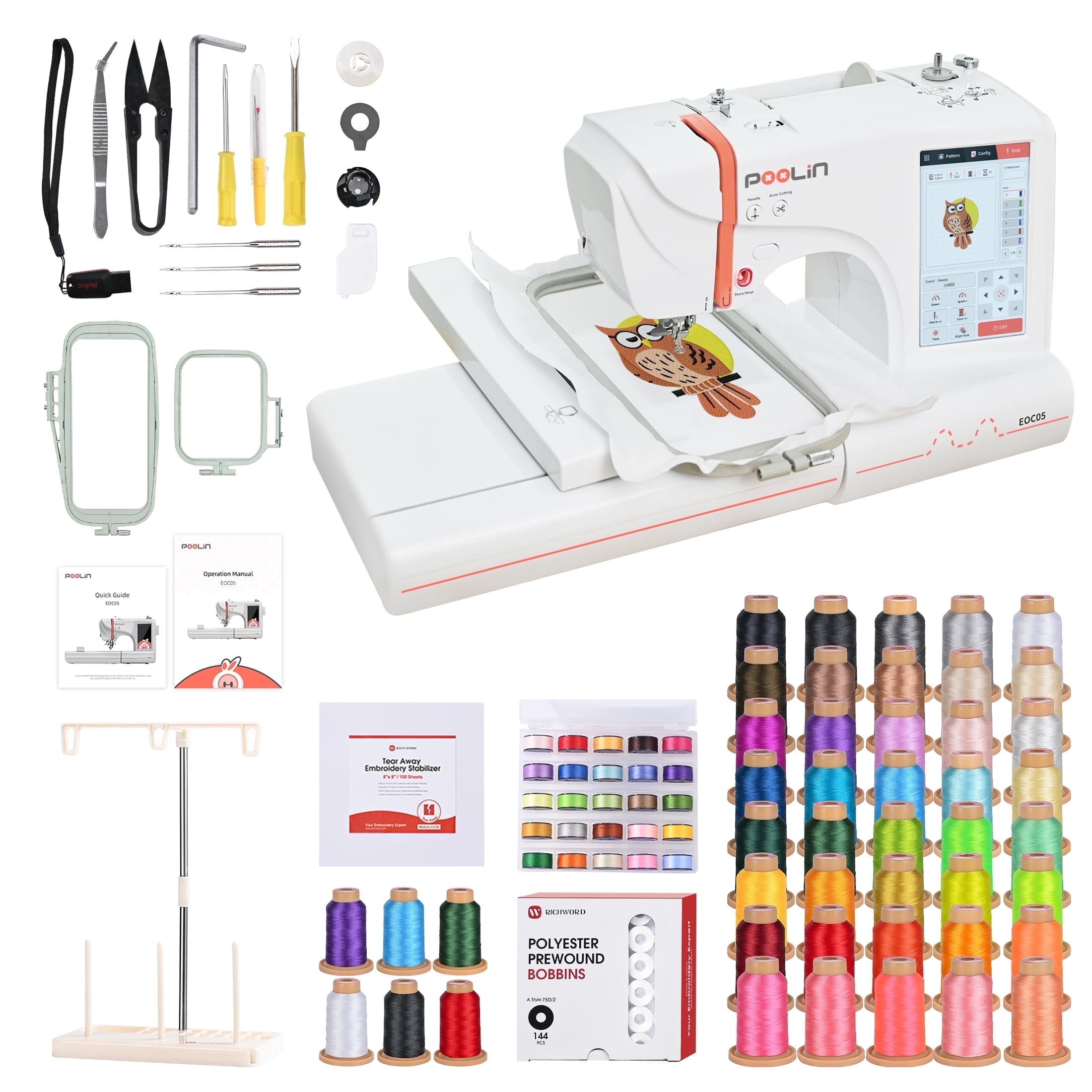 Poolin EOC05 4" x 9.25" Embroidery Machine with 40 Rolls 800m Polyester ...