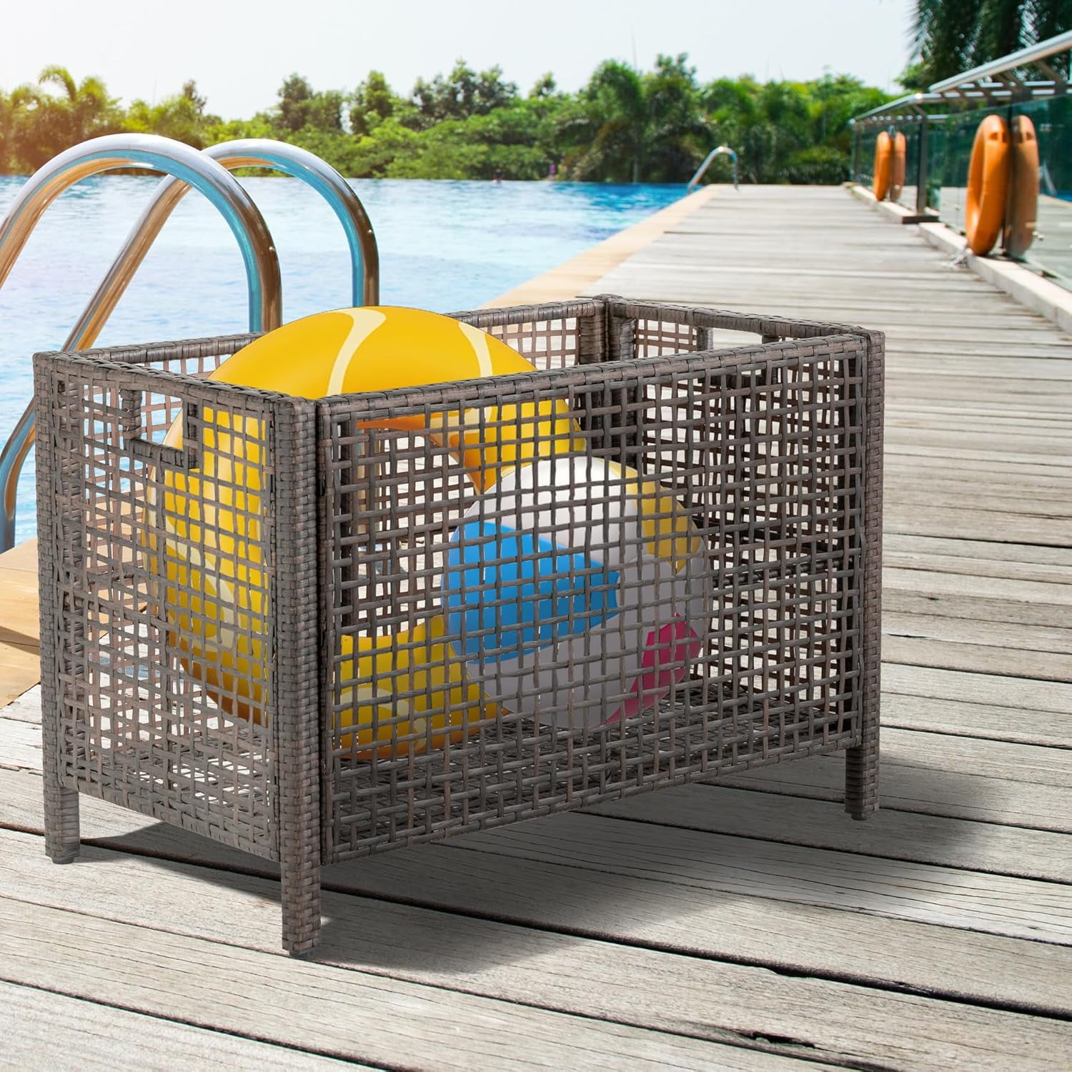 Poolside Rattan Storage Organizer with Adjustable Foot Pad, Pool Float ...