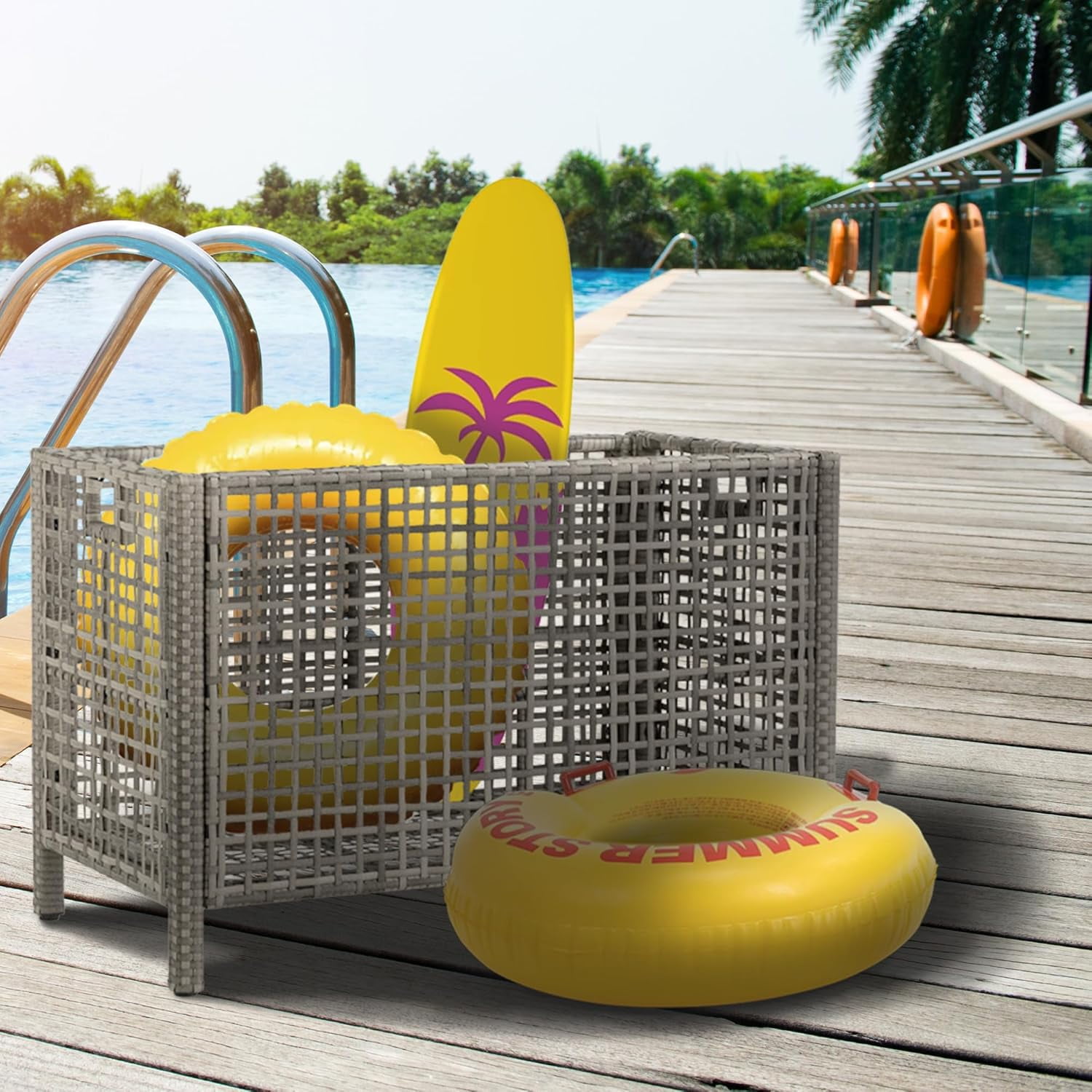 Poolside Rattan Storage Organizer with Adjustable Foot Pad, Pool Float ...