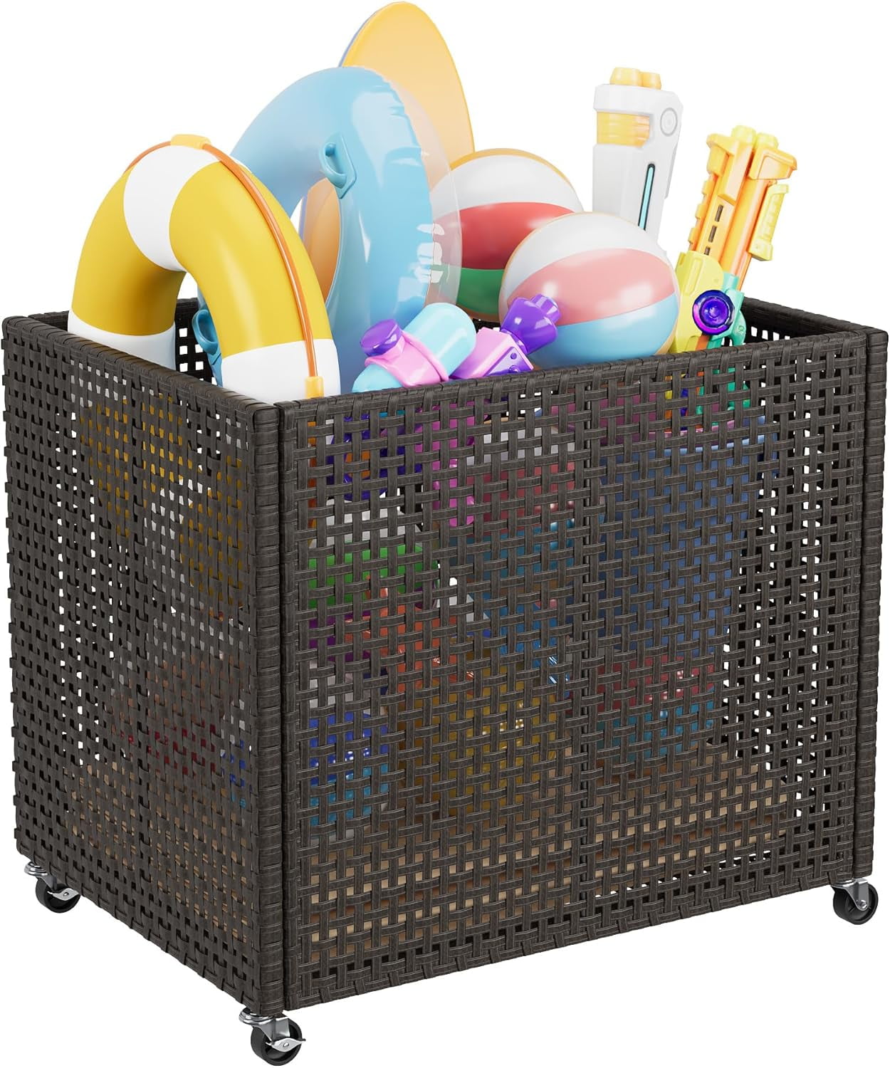 Poolside Rattan Storage Organizer, Pool Float Storage Holder with Mesh ...