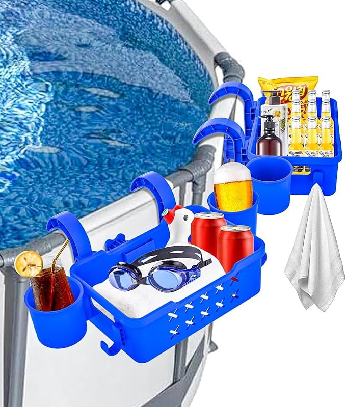 Poolside Storage with 2 Pool Cup Holder, Thickened Plastic Pool Basket ...