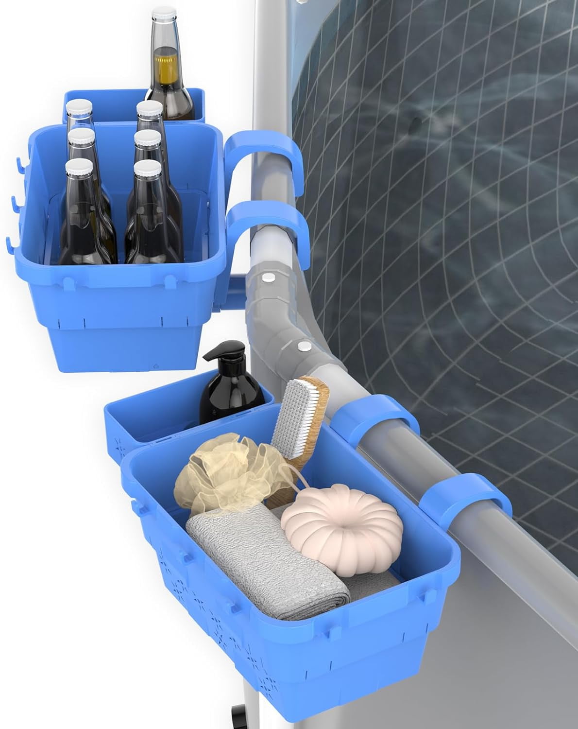 Poolside Storage Basket with Cup Holder Hooks,Stretchable Pool Toy ...