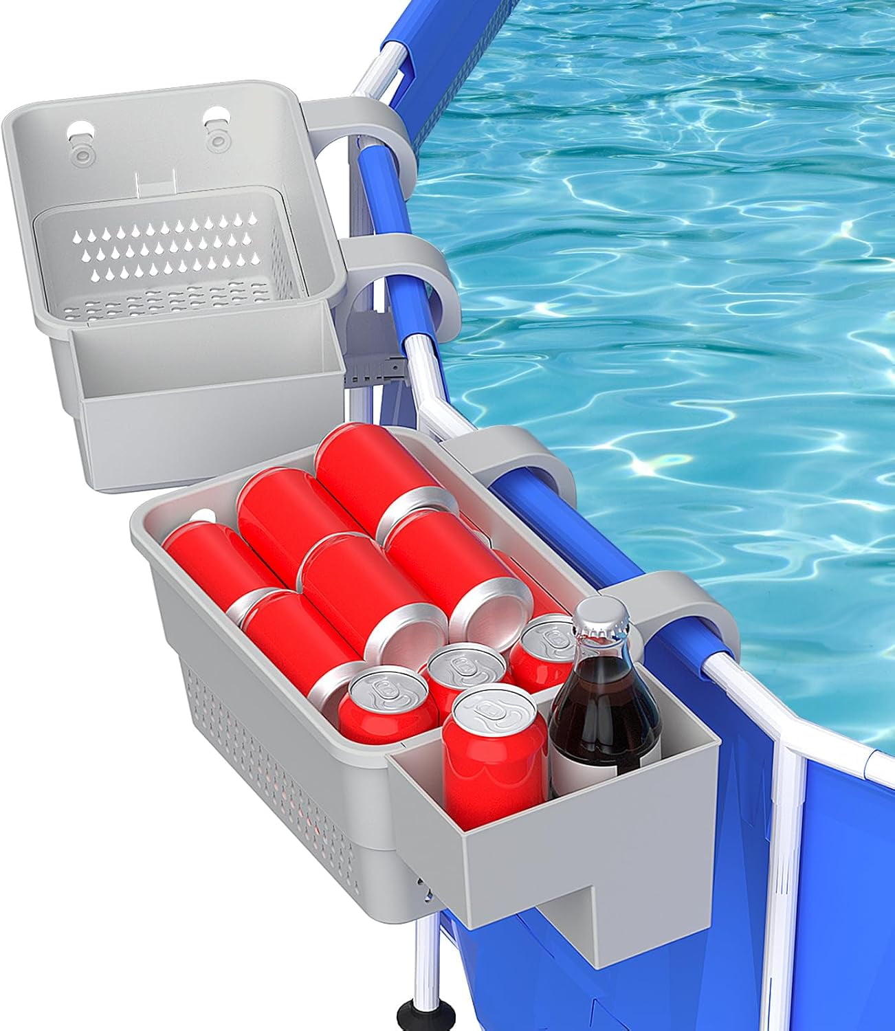 Poolside Storage Basket with Cup Holder & Hooks, Stretchable Pool Basket for Above Ground Pool ...