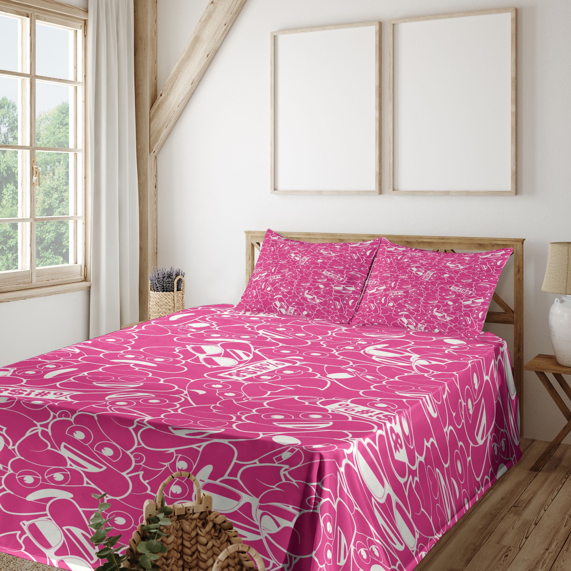 Ambesonne Poop Emoji Fitted & Top Sheet Set with Shams, Pink Pile of ...