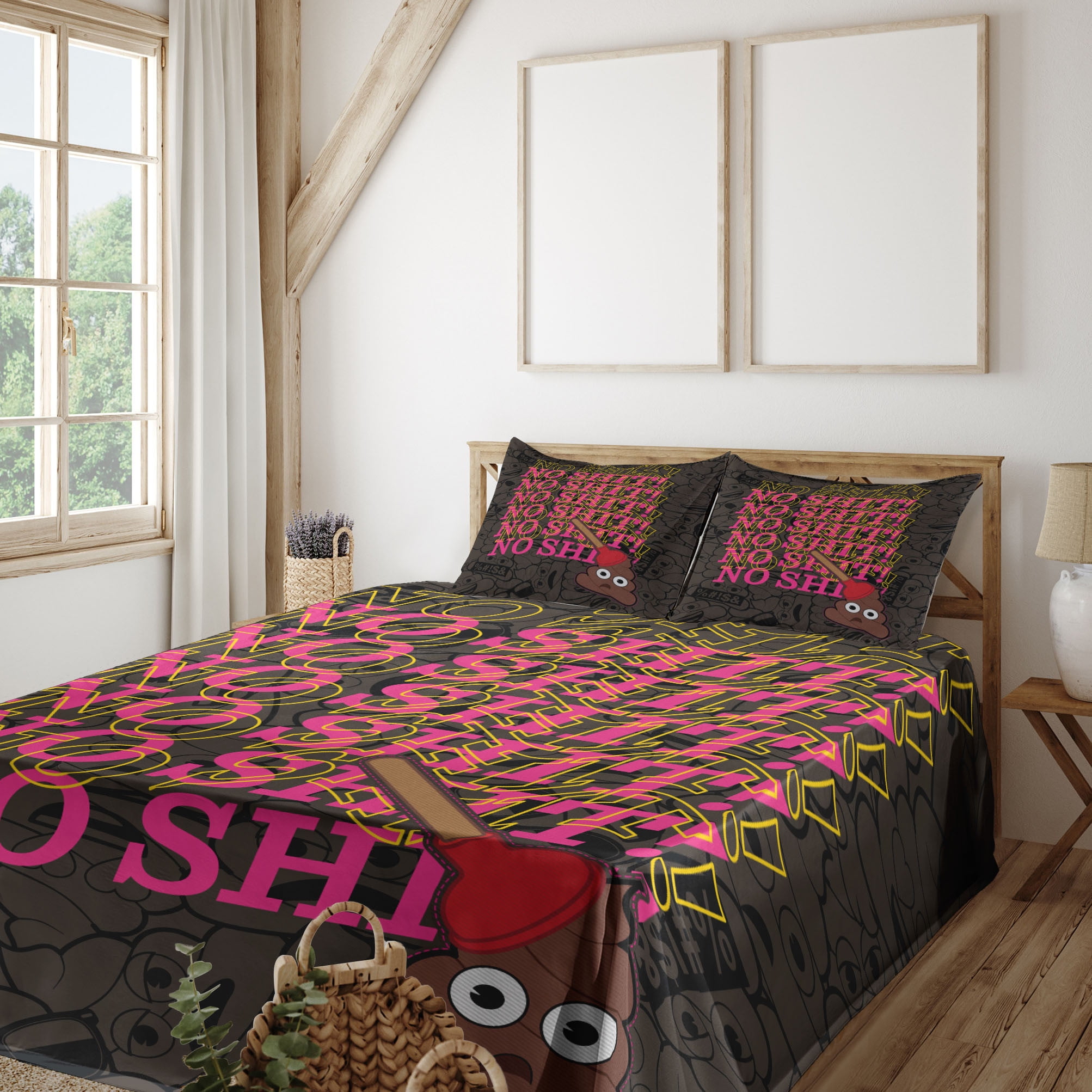 Ambesonne Poop Emoji Fitted & Top Sheet Set with Shams, Fun Feels ...