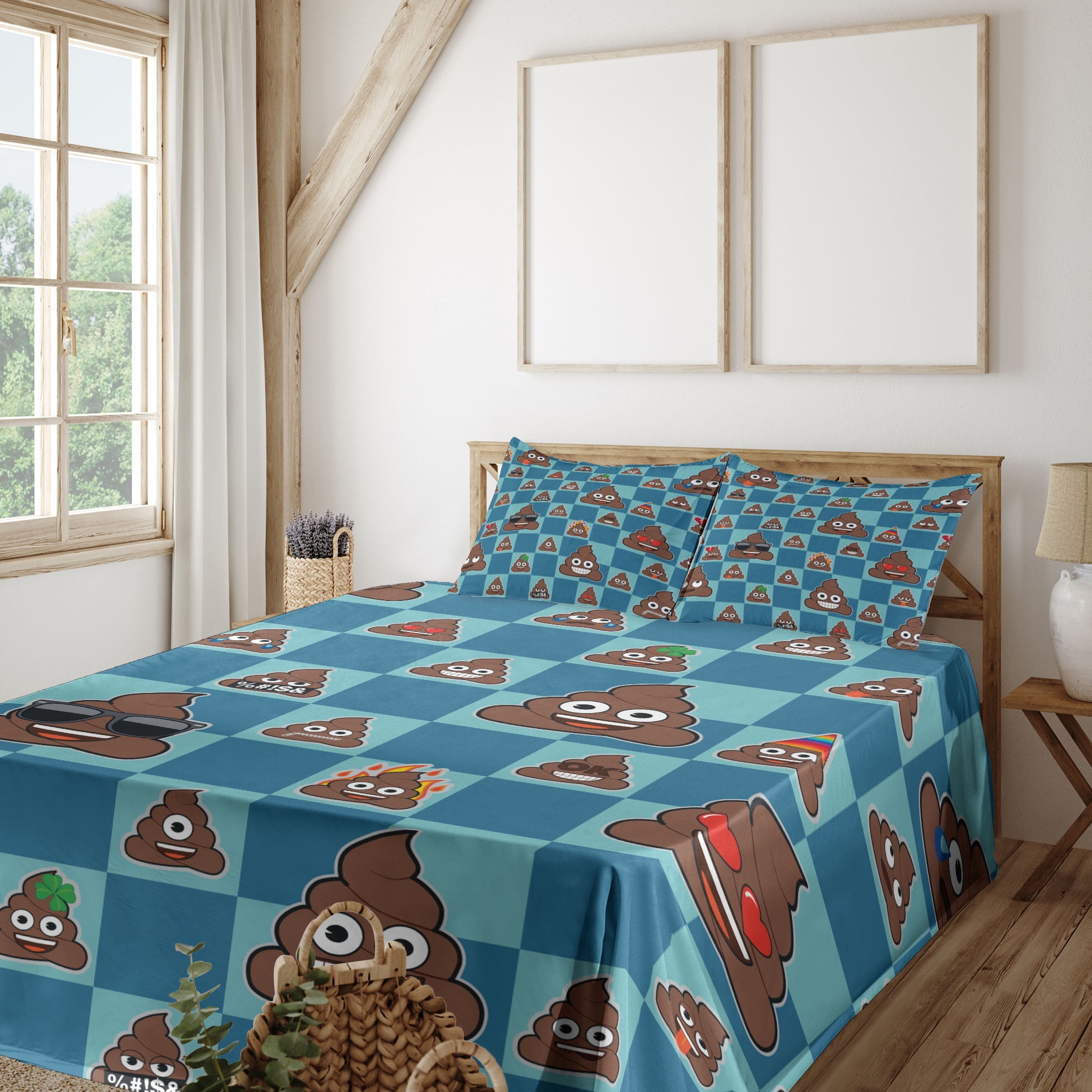 Ambesonne Poop Emoji Queen Sheet Set, 4 Pcs, Vivid Pile of Poo, Hearts ...