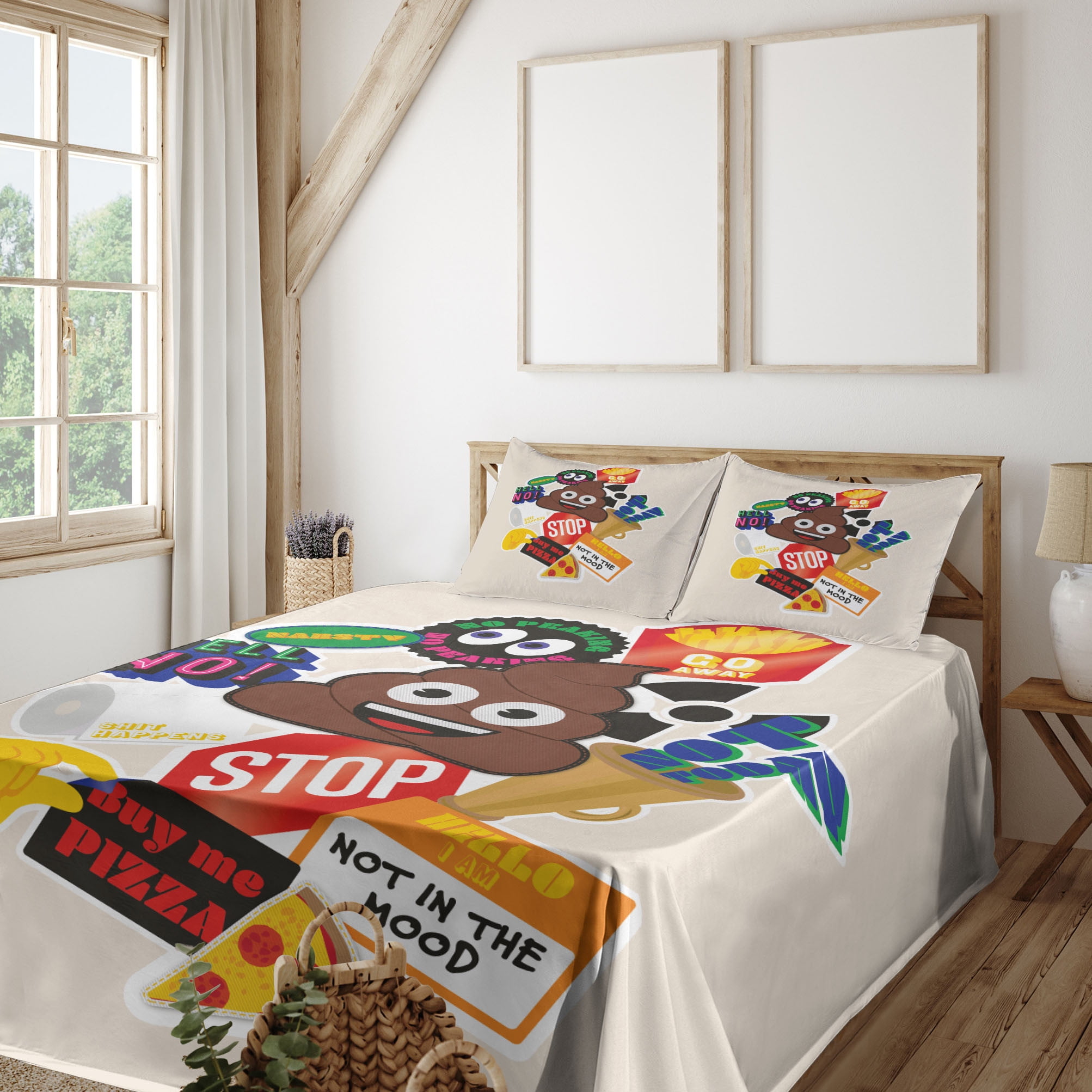 Ambesonne Poop Emoji Fitted & Top Sheet Set with Shams, Not in the Mood ...