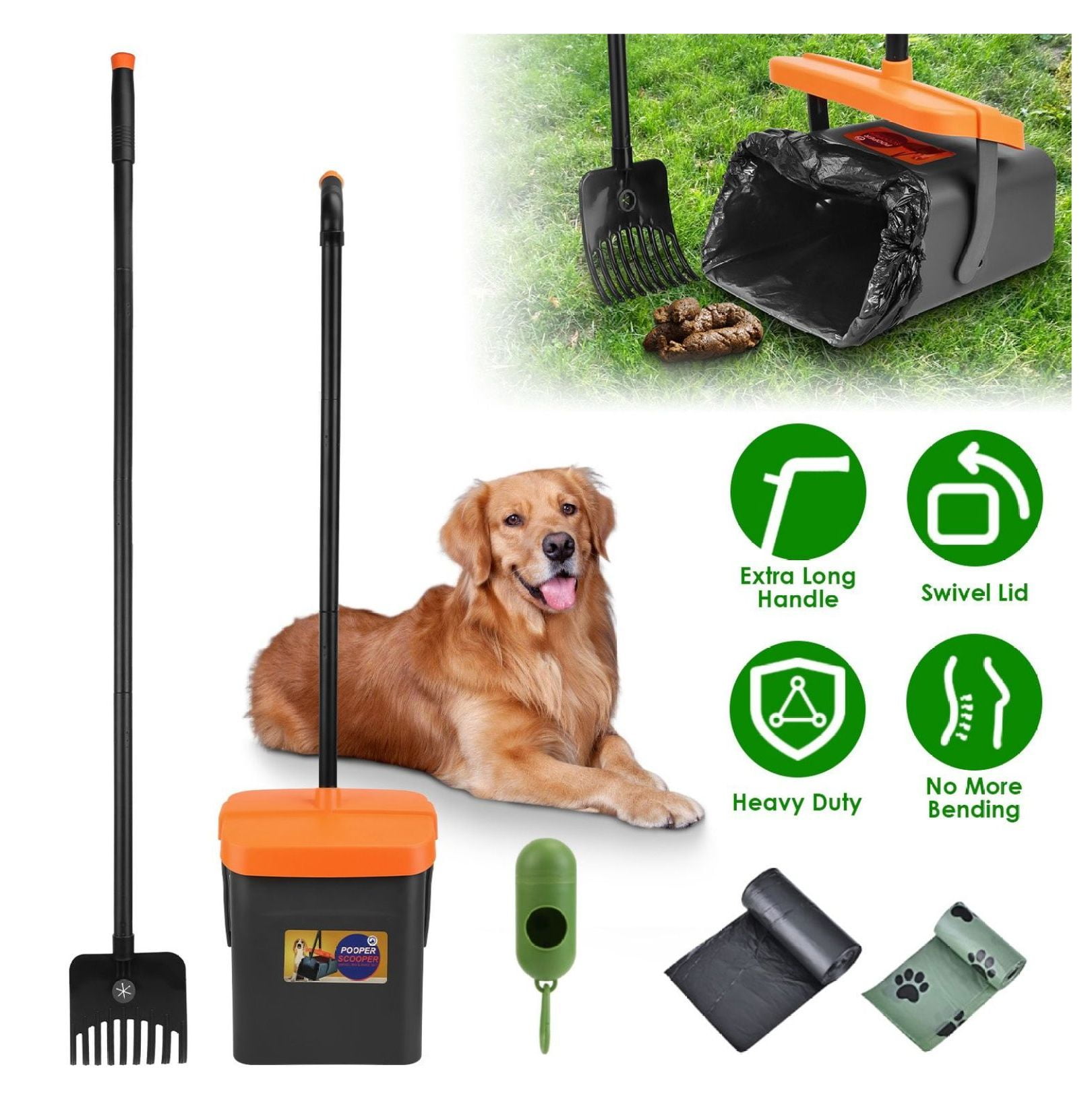 Pooper Scooper Kit Dog Poop Rake & Swiveling Bin Poop Heavy Duty Pick ...