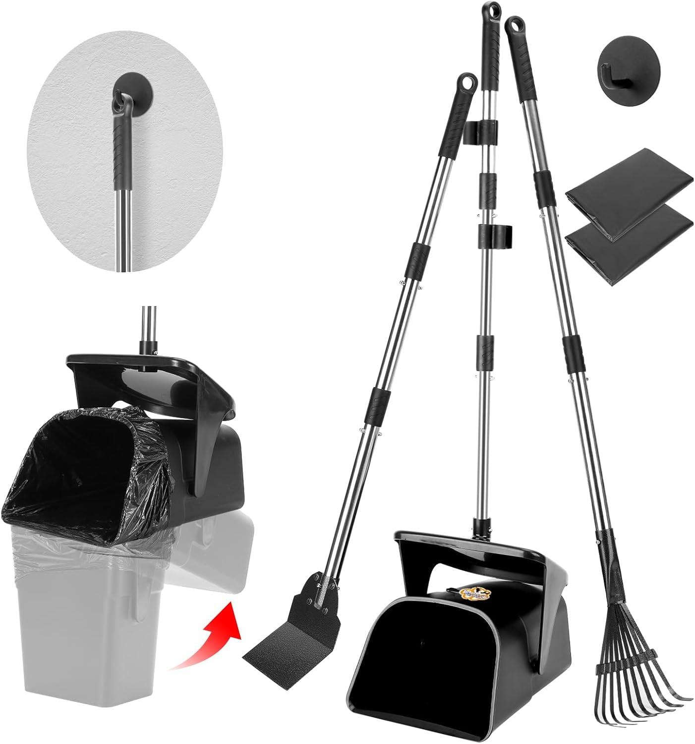 Pooper Scooper Large Swivel Bin & Rake & Spade with 20 Waste Bags and 1 ...