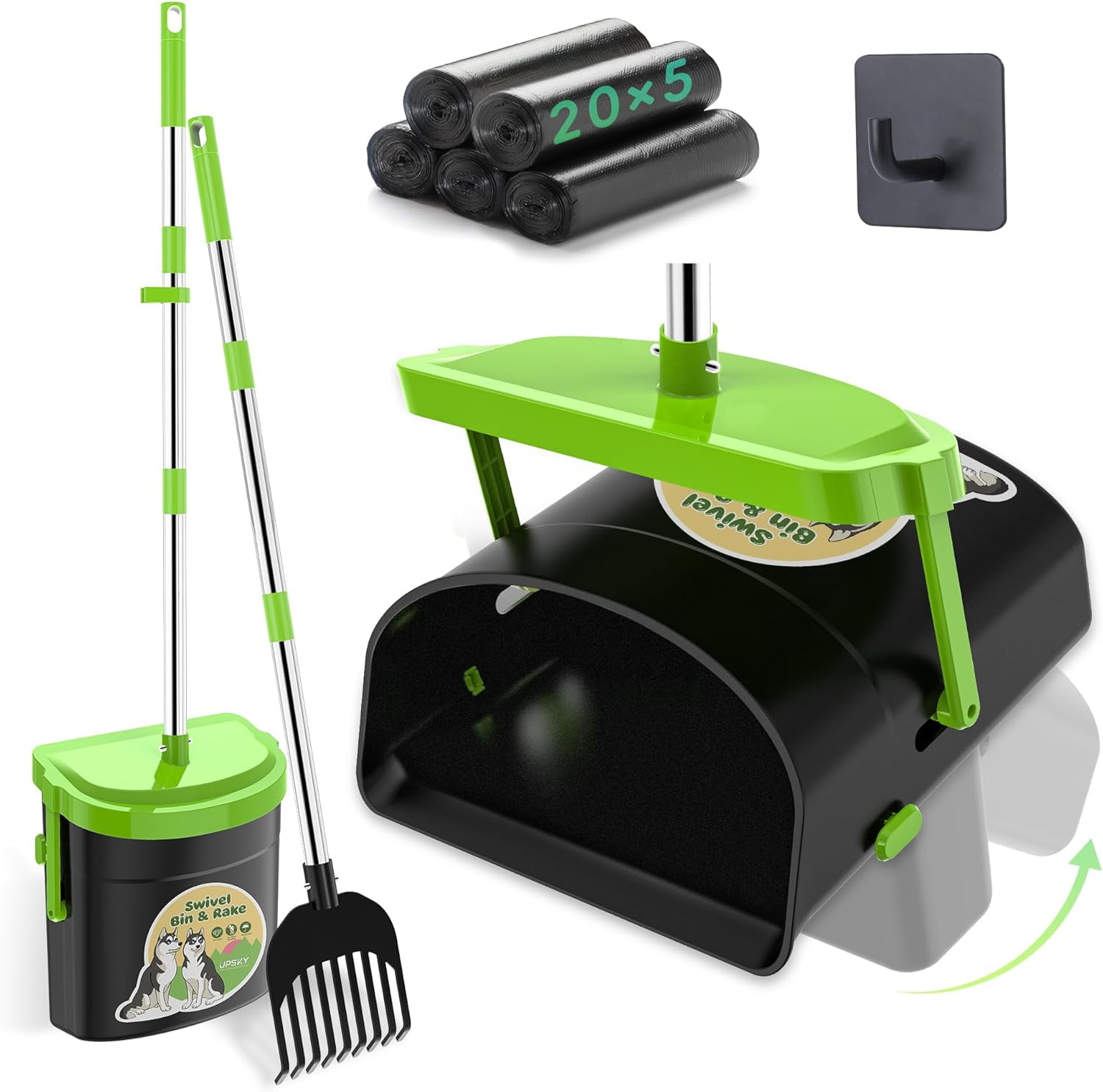 Pooper Scooper Swivel Bin & Rake with 100 Waste Bags, Dog Pooper ...