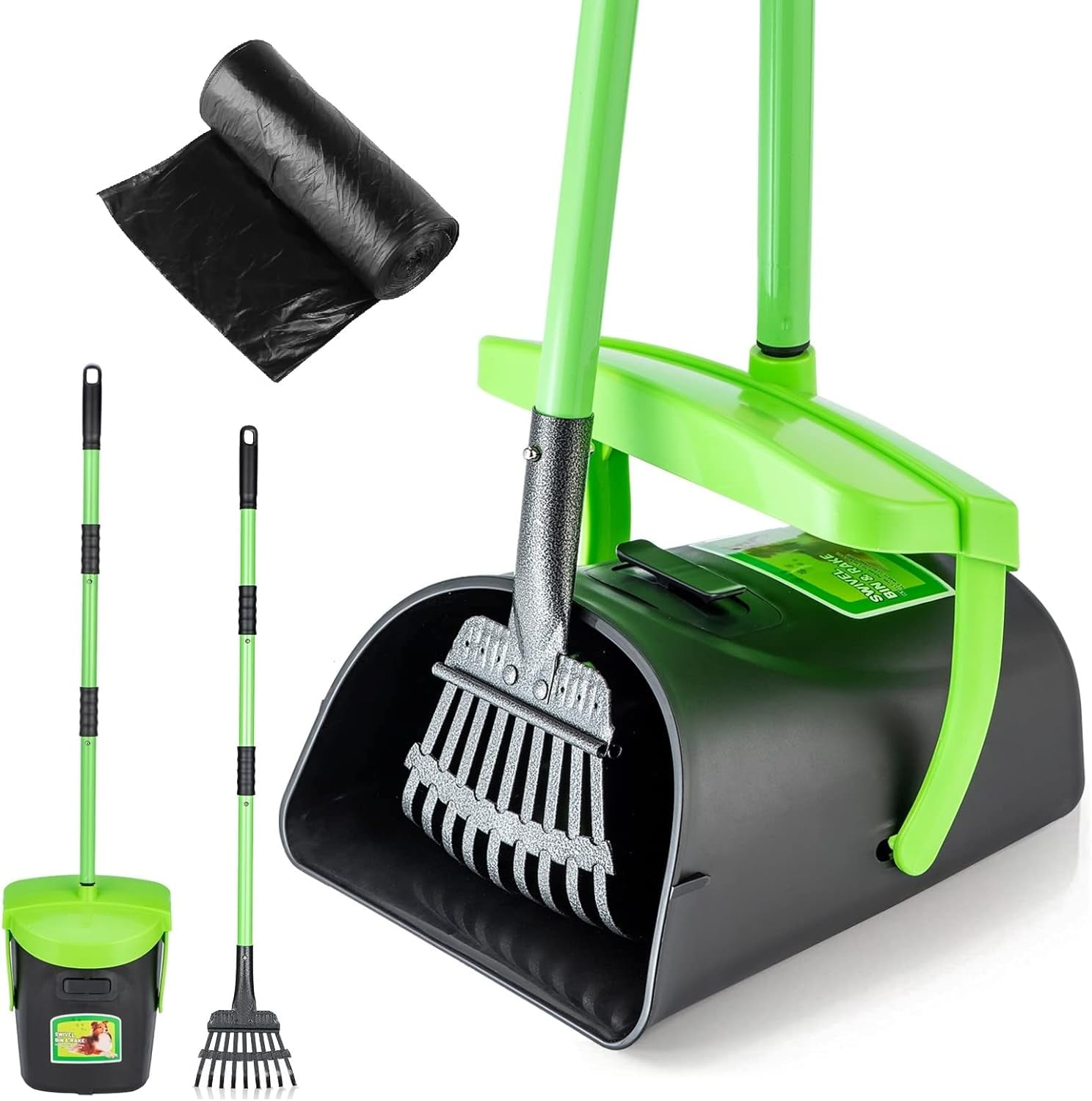 Pooper Scooper Swivel Bin & Rake Kit with 20 Waste Bags, 36.6" Long ...
