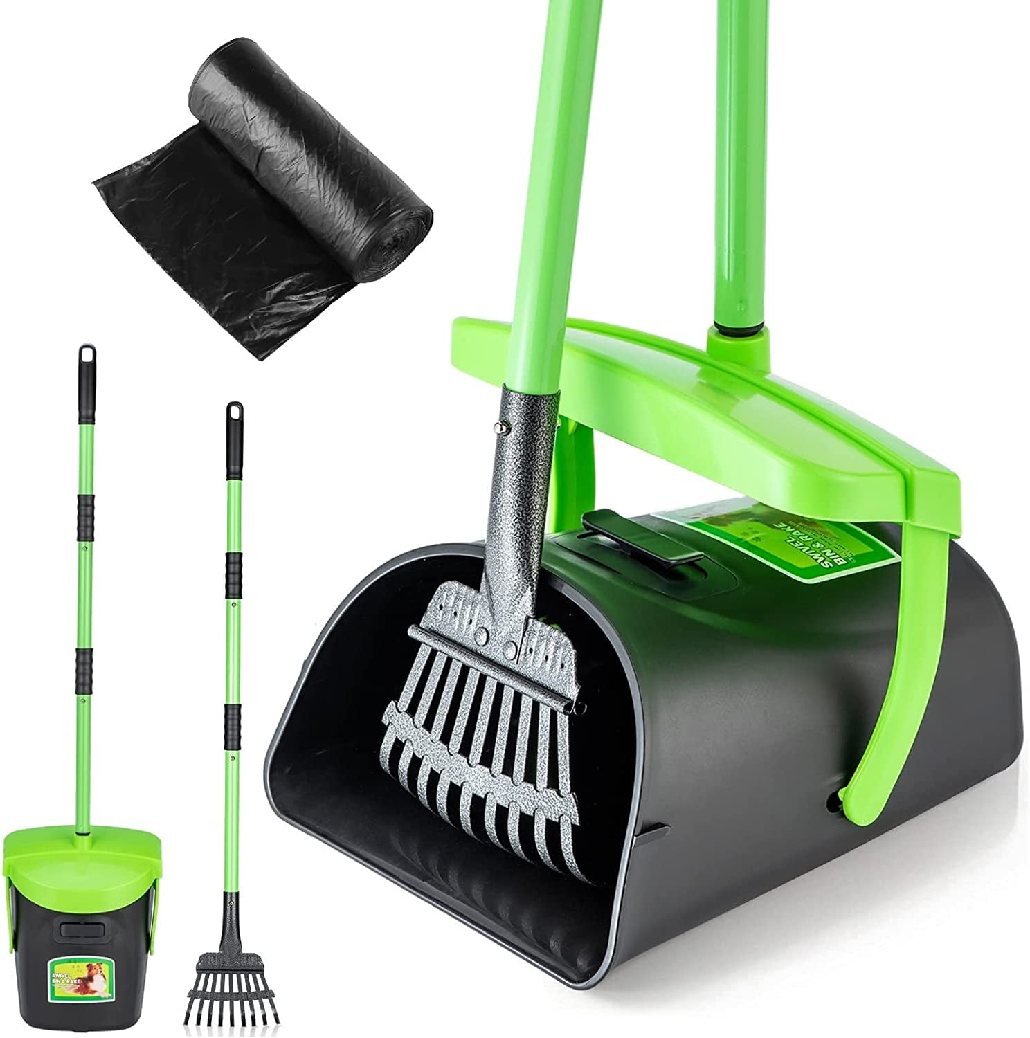 Pooper Scooper Swivel Bin & Rake Kit with 20 Waste Bags, 36.6" Long ...