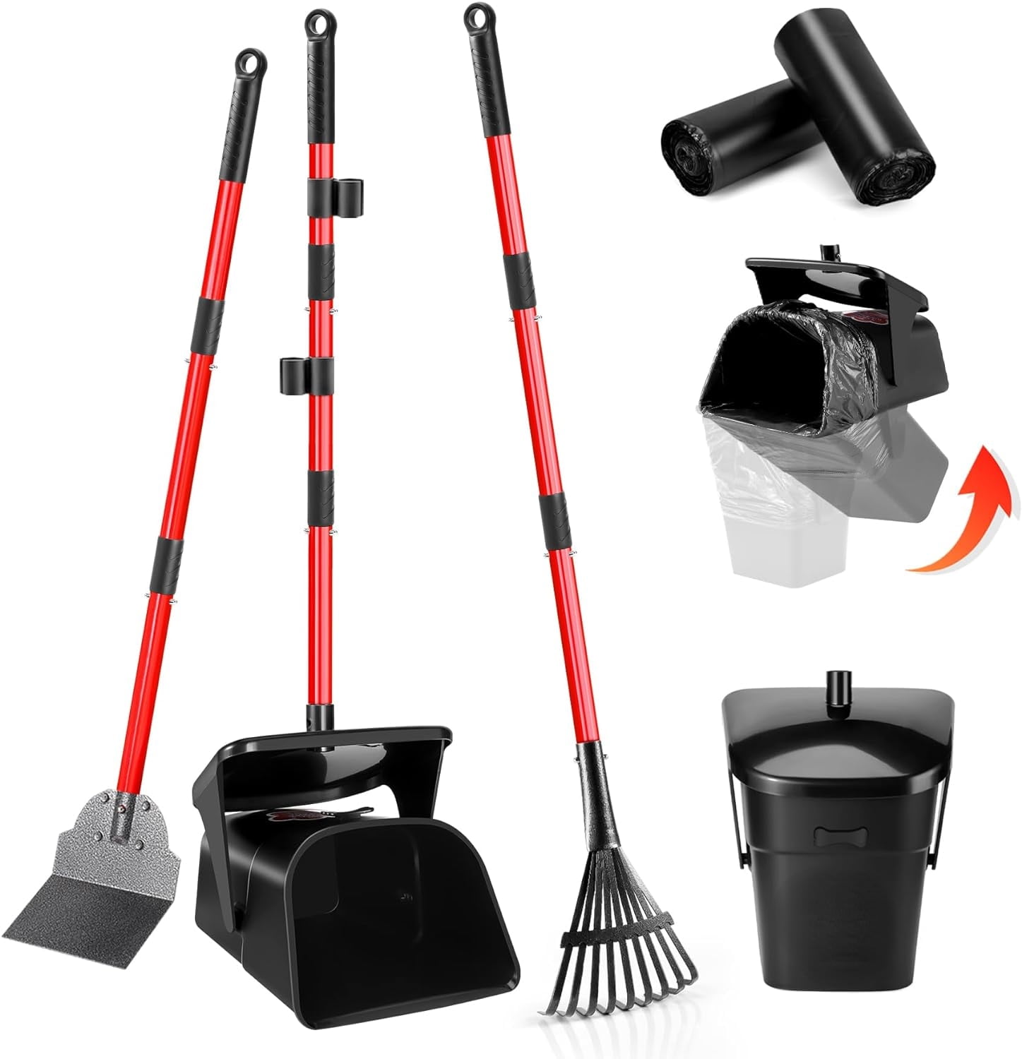 Pooper Scooper Swivel Bin & Rake & Spade with 60 Waste Bags, Heavy Duty ...