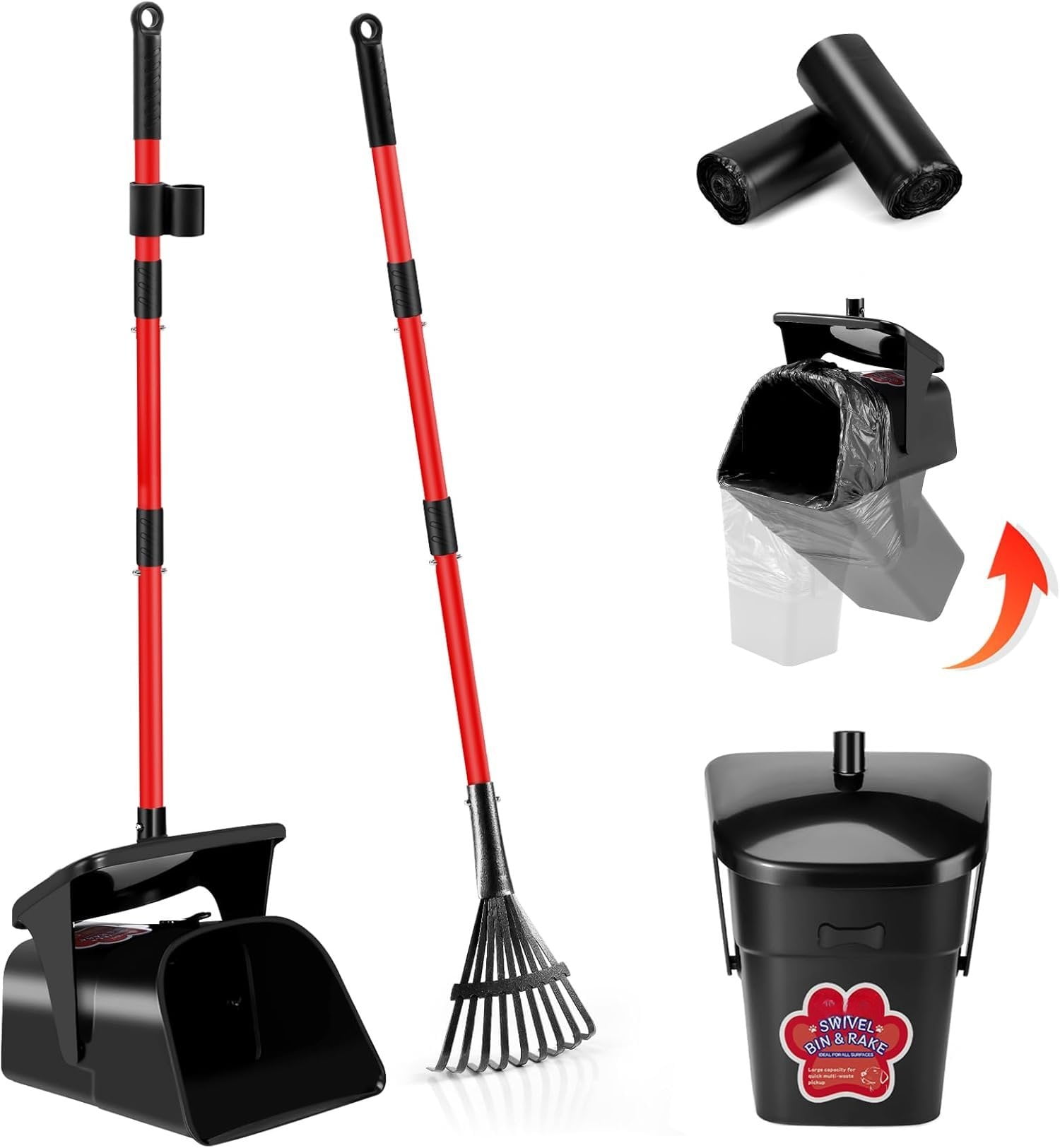 Pooper Scooper Swivel Bin and Rake with 60 Bags, Poop Scooper for Large ...
