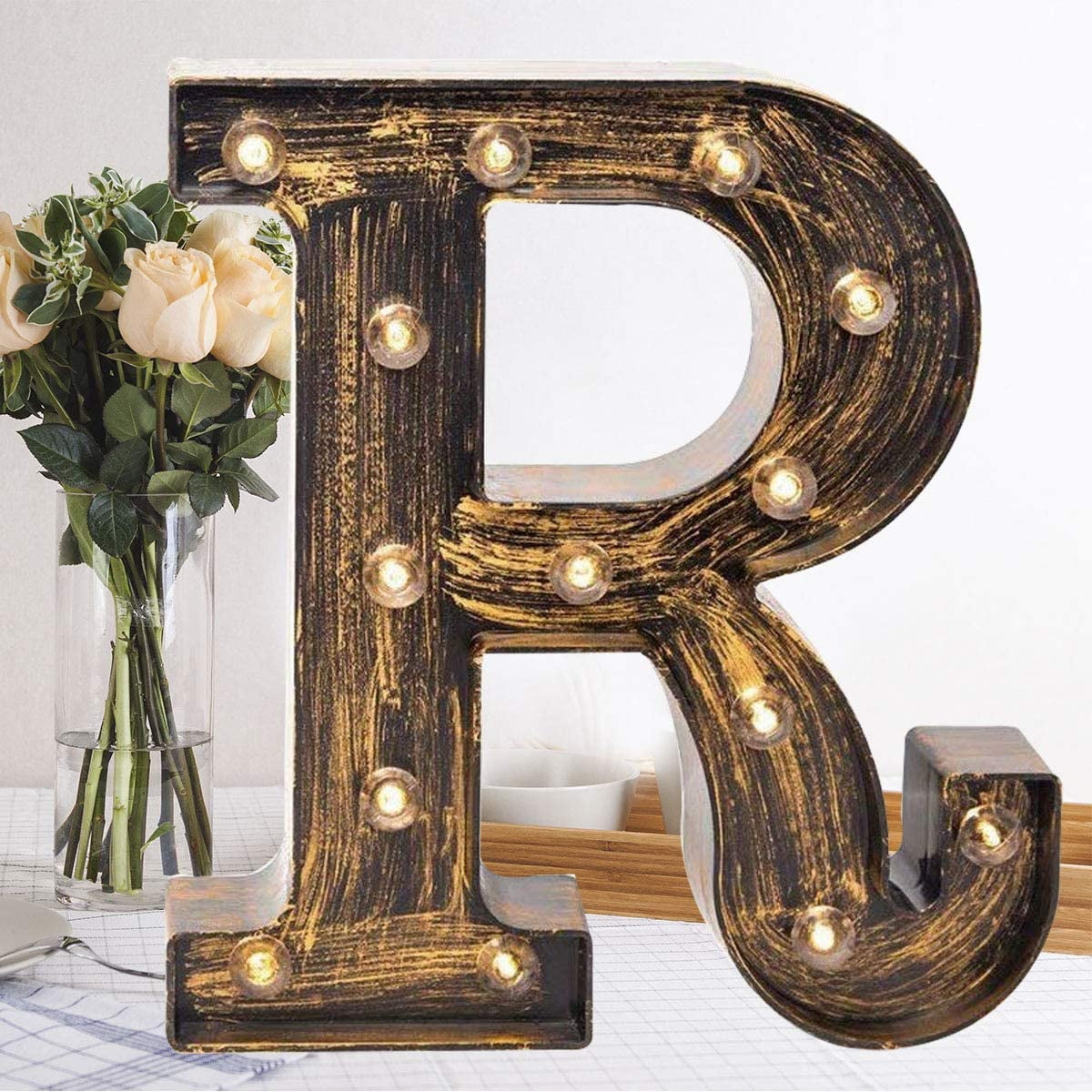 Pooqla Golden Black Led Marquee Letter R, Vintage Style Light up for ...