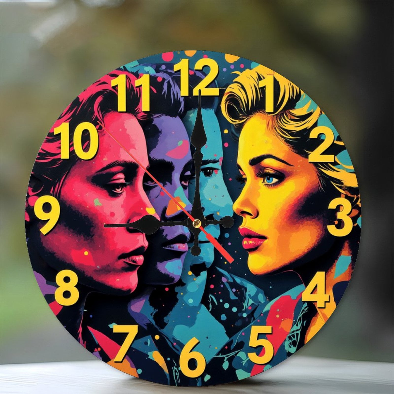 Pop Art Clock Wall Decor Colorful Faces 10-Inch Silent Wooden Wall ...