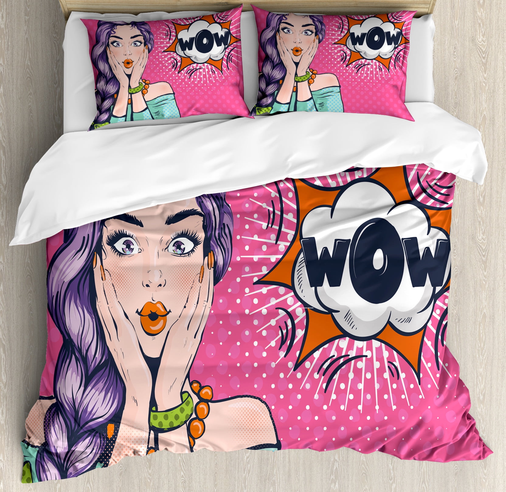 Pop Art Duvet Cover Set, Comics Style Surprised Woman Says Wow in ...