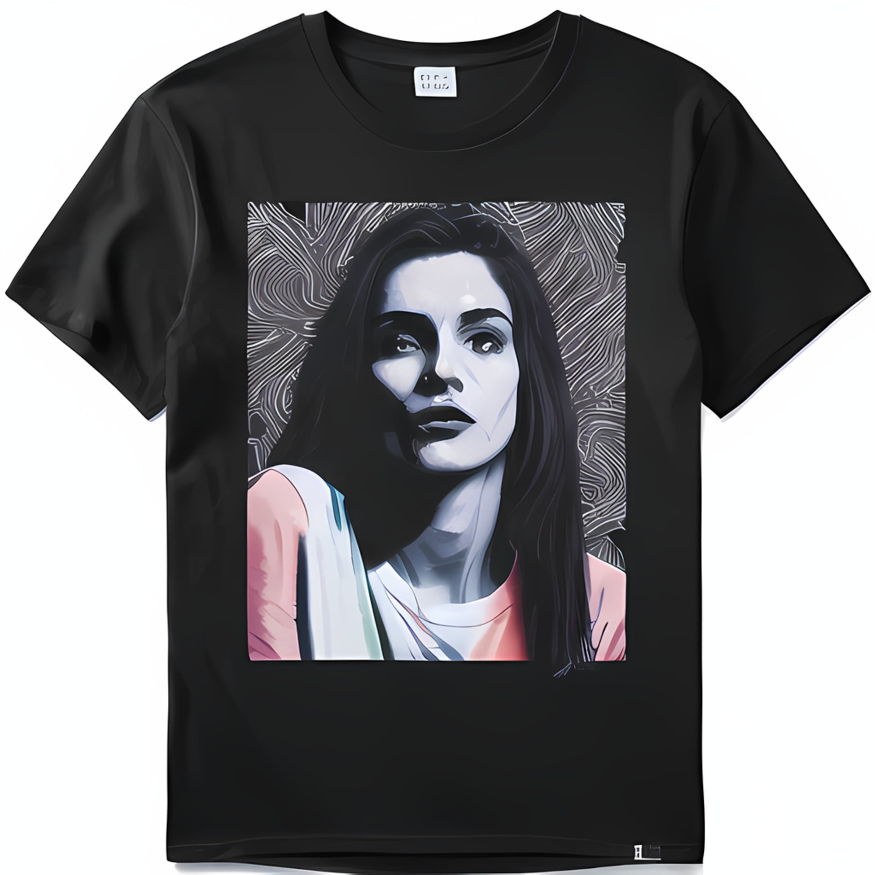 Pop Art Inspired Young Woman Portrait Black T Shirt Design With Hyperrealistic Detail