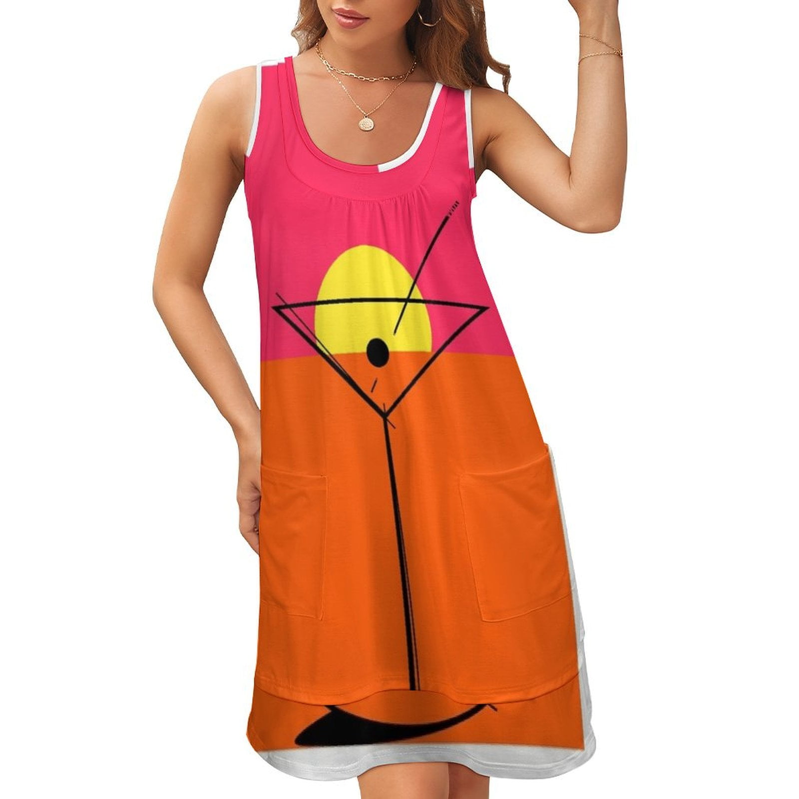 Pop Art Martini 2 Endless Sleeveless U-Neck Fake Two Piece Dress summer ...