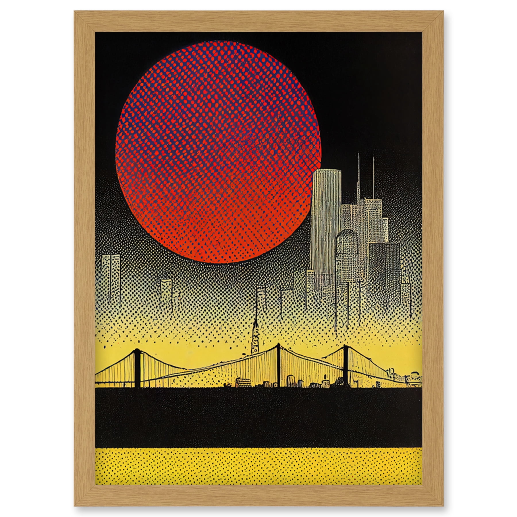 Pop Art Red Sunset Sun Over Manhattan Bridge Skyline Black Yellow Grey ...