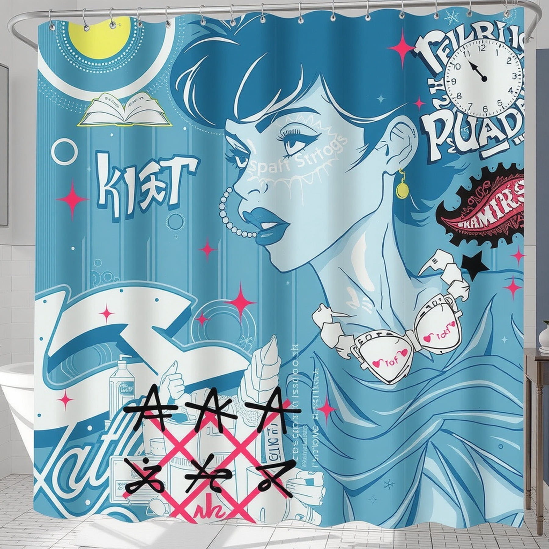 Pop Art Shower Curtain - Vibrant Female Figure, Graffiti Style, Pastel ...