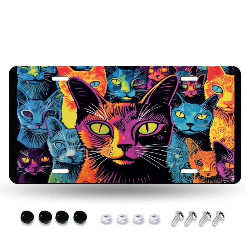 Pop - Art Style Cat Image with Colorful Companions License Plate Frame ...