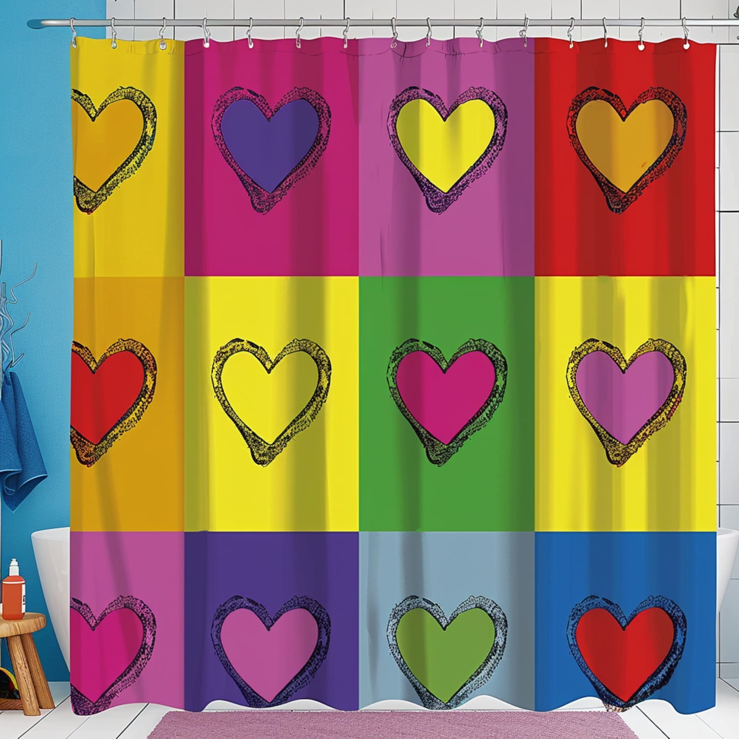 Pop Art Style Colorful Hearts On Squares Shower Curtain Love Concept