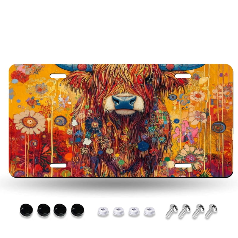 Pop - Art - Style Highland Cow with Floral Elements License Plate Frame ...