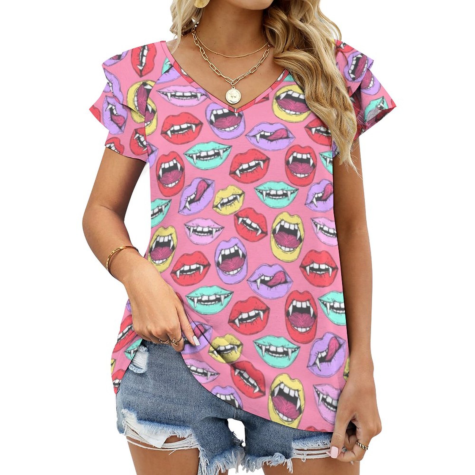 Pop Art Style Vampire Lips Lotus Leaf Neck T-Shirt Long Sleeve T-Shirts ...