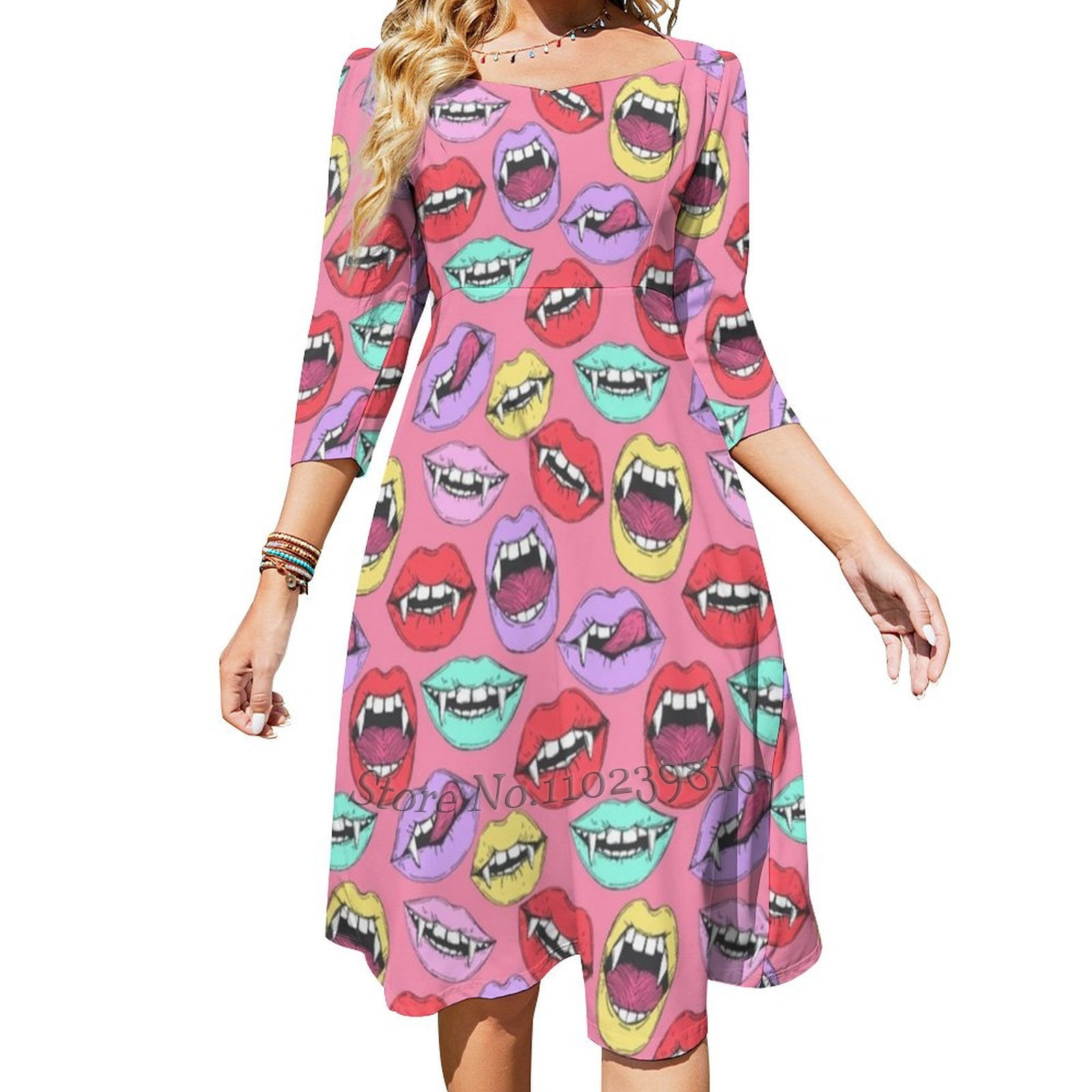 Pop Art Style Vampire Lips Square Neck Dress Cute Loose Print Dresses ...
