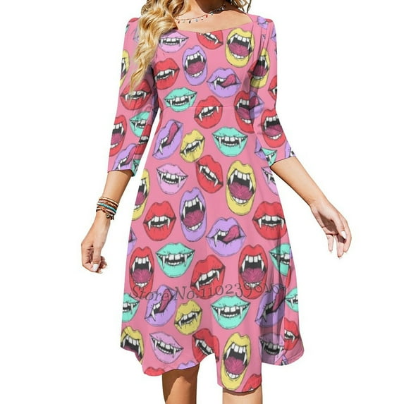 Pop Art Style Vampire Lips Square Neck Dress Cute Loose Print Dresses ...