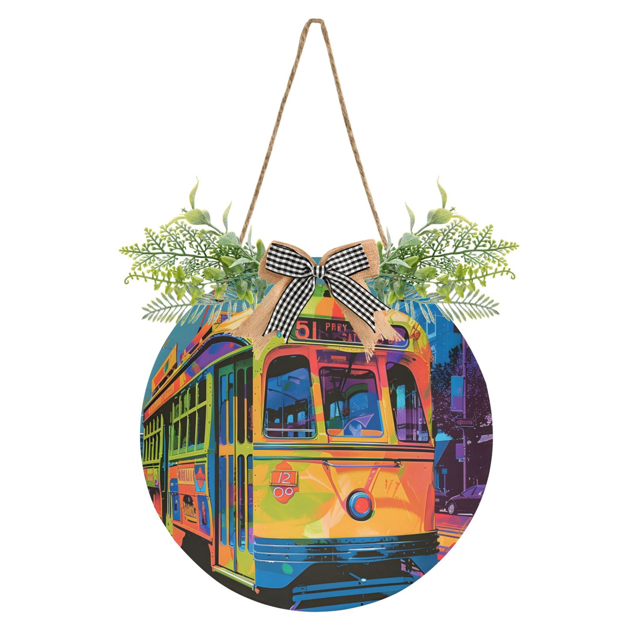 Pop Art Trolley Welcome Front Door Sign Round 12 inch Porch Hanging ...