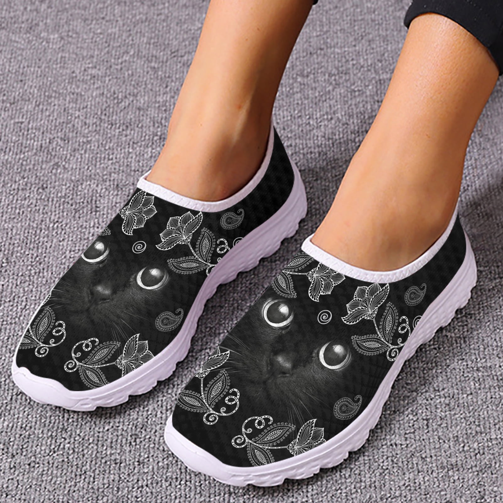 Pop Cartoon Black Cat 3D Printing Ladies Loafers Fantasy Floral Print ...