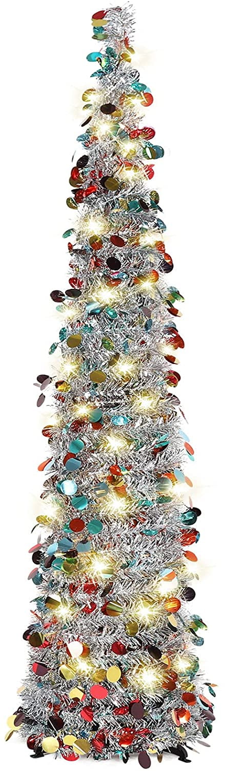 Pop Up Christmas Tinsel Tree with Lights - Collapsible Colorful Sequin ...