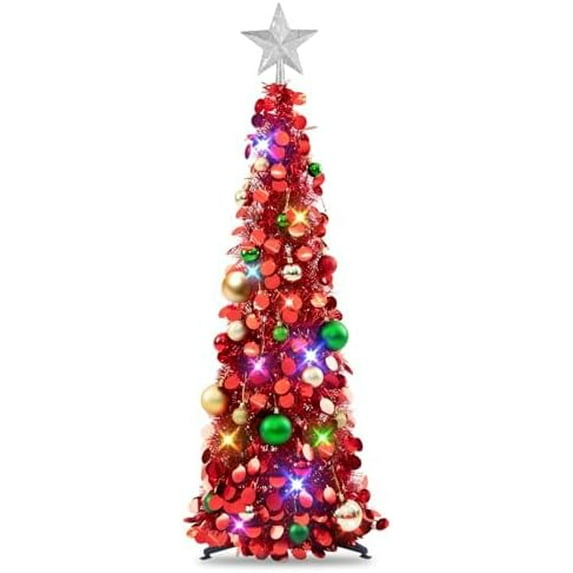 Pop Up Christmas Tree with Lights, Collapsible Tinsel Xmas Tree ...