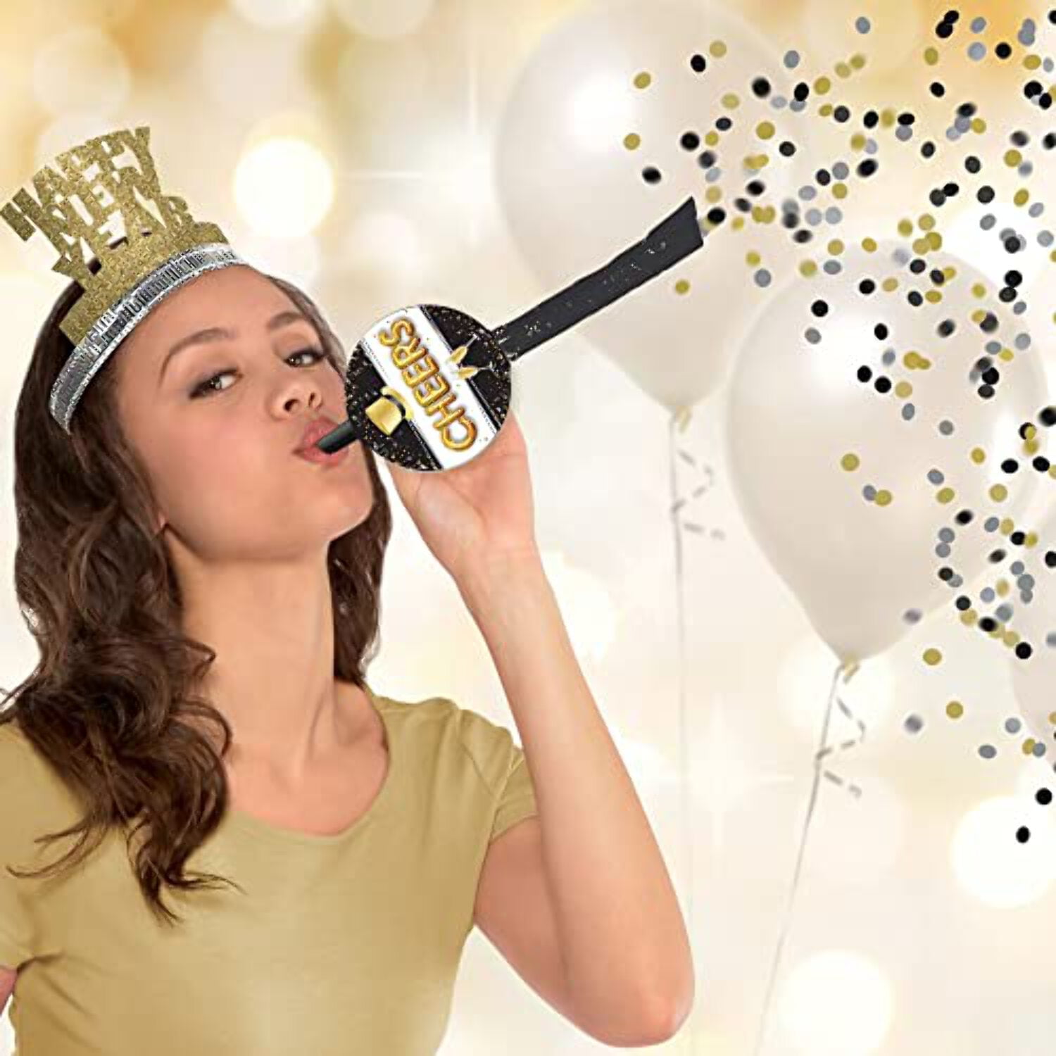 Pop Clink Cheers Blowout Horns With Confetti - Black, Gold And Silver ...
