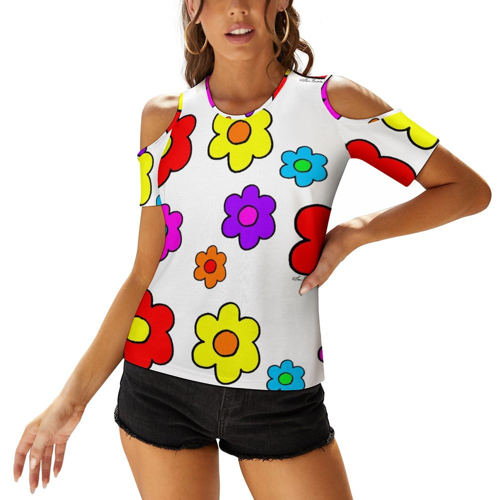 Pop Flower White New Fashion Zip Off Shoulder Top Short-Sleeve Women ...